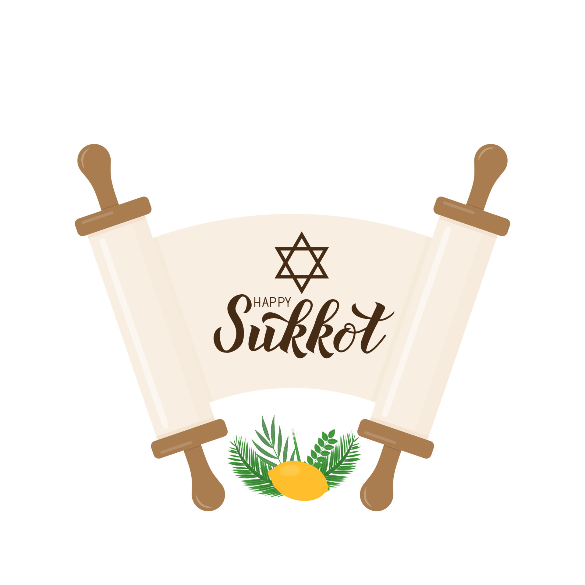 letras de la mano de sukkot con papel de pergamino, etrog, lulav, arava, hojas de hadas aisladas ...