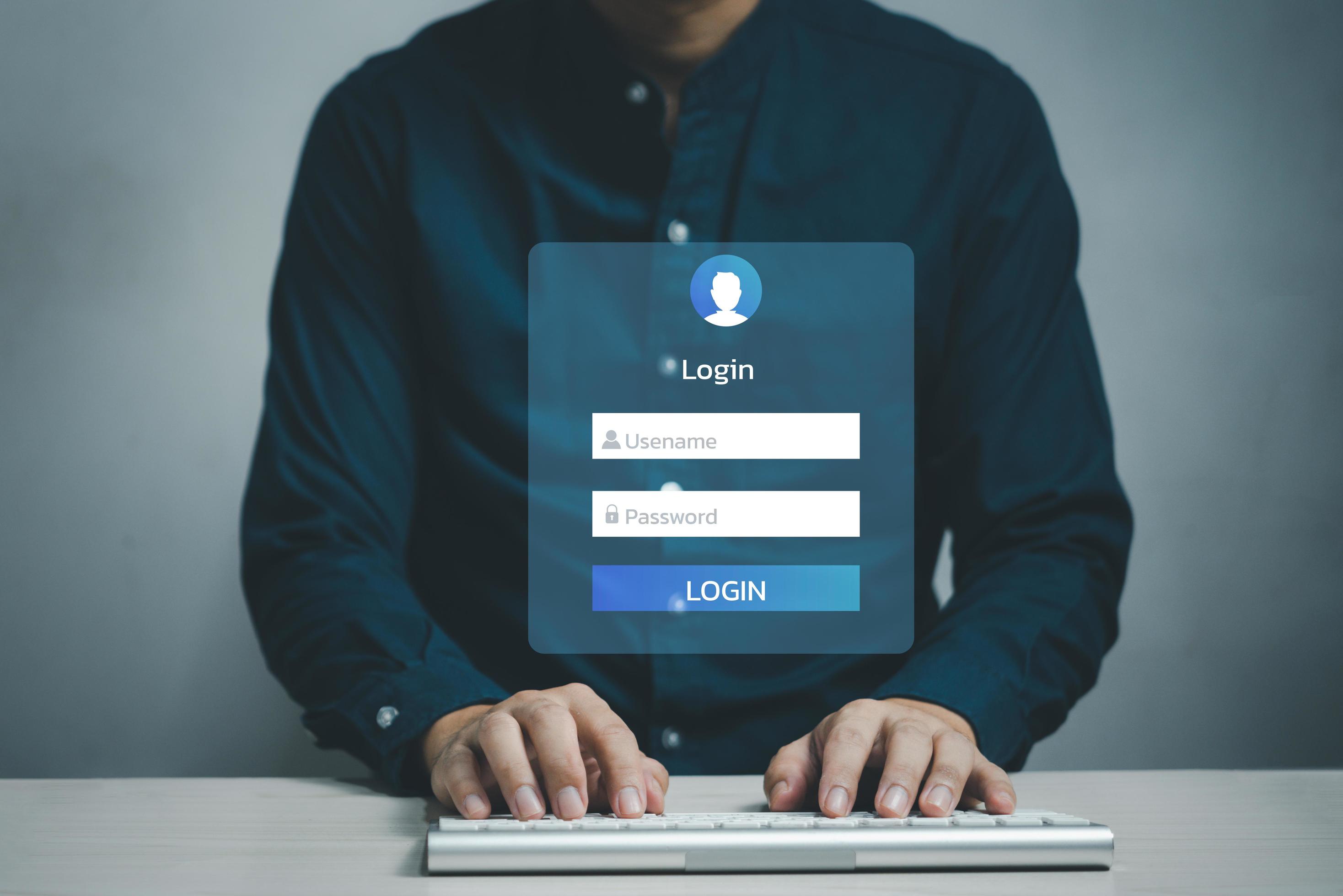man using keyboard computer login interface on touch screen. user name ...
