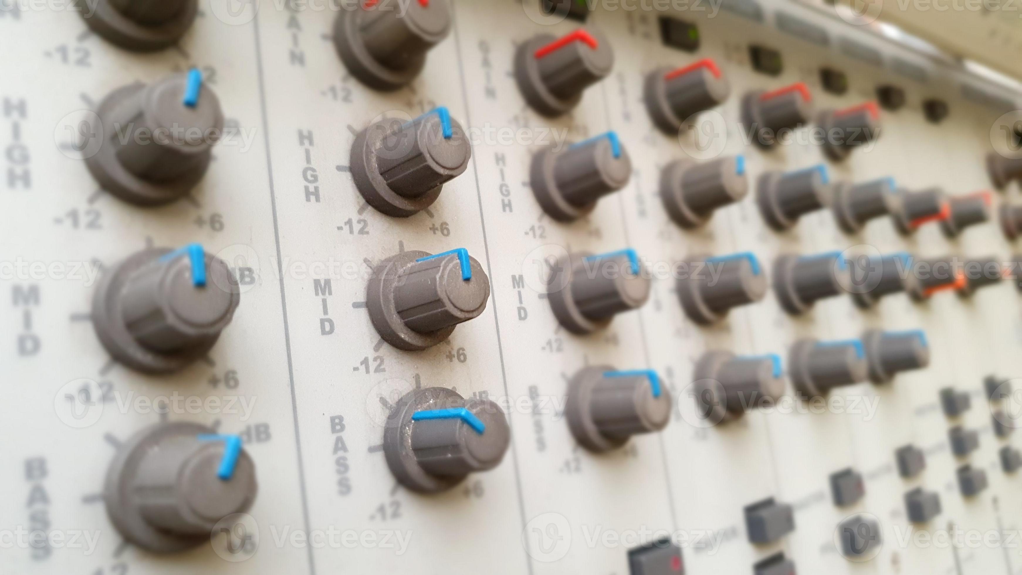 Audio studio sound mixer equalizer board sliders, faders and knobs, top ...