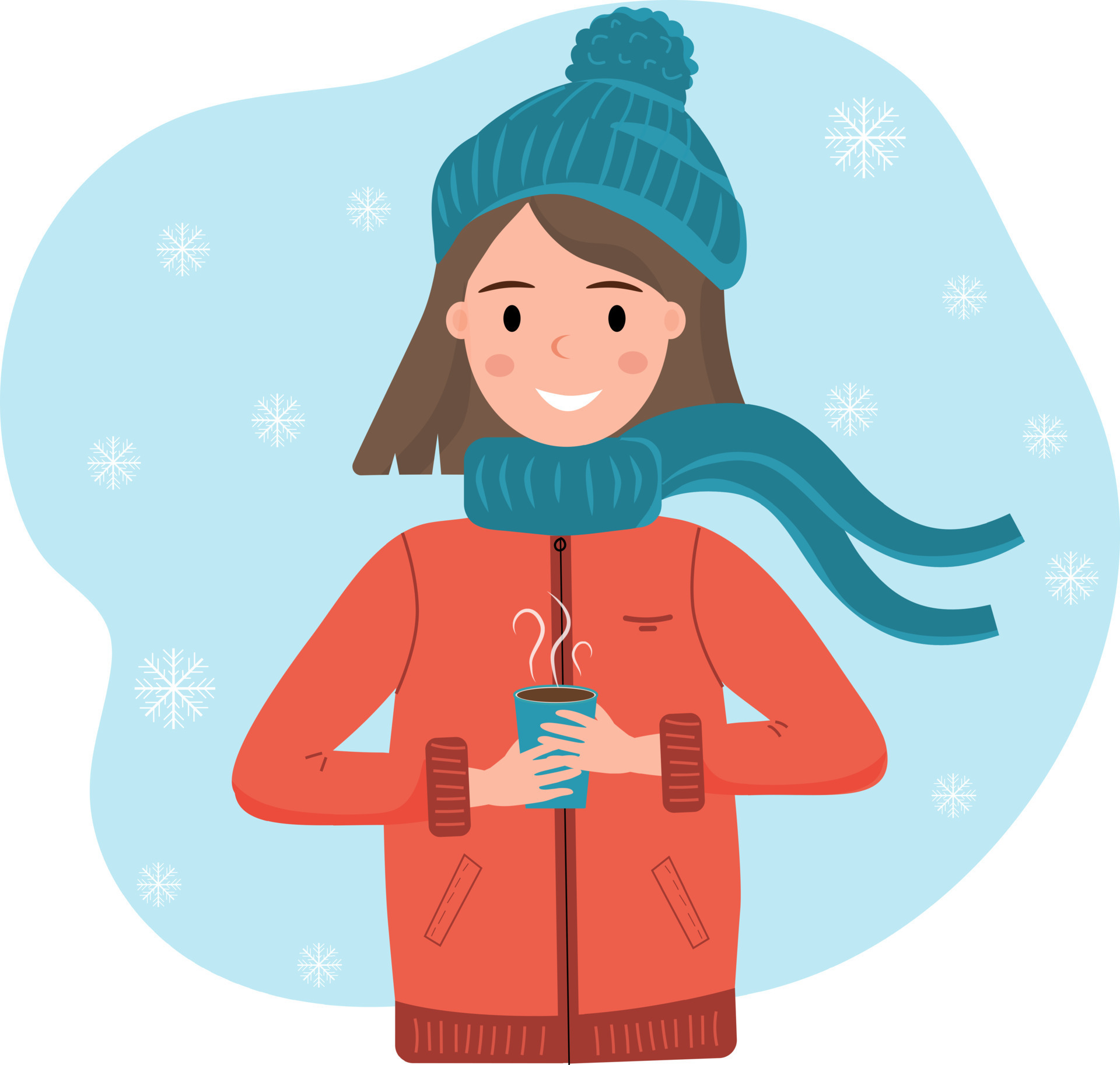 Happy Smiling Girl In Winter Cloth With Cup Of Hot Drink In Her Hands Falling Snowflakes Girl