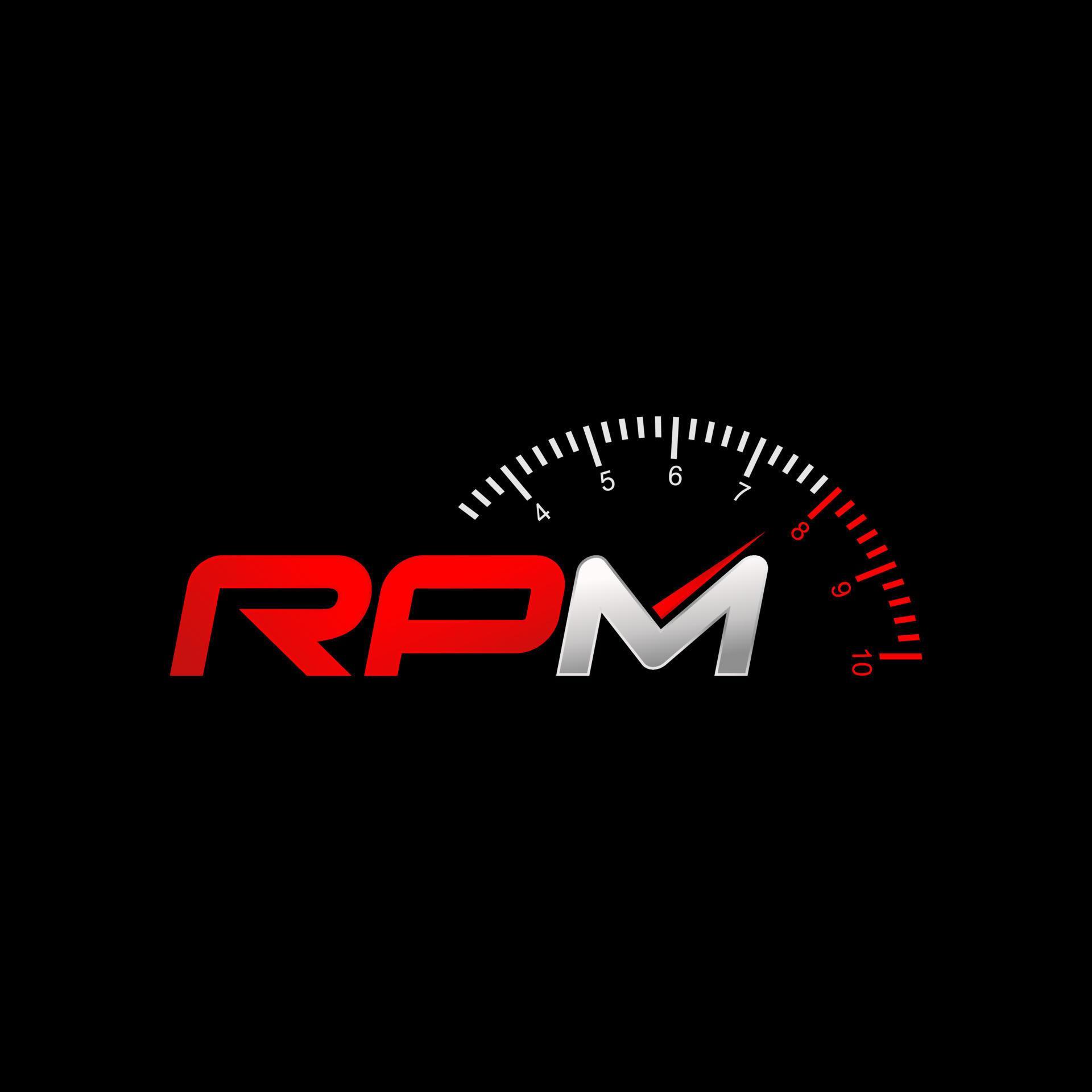 Simple letter or word RPM italic font with speedometer needle image graphic icon logo design ...