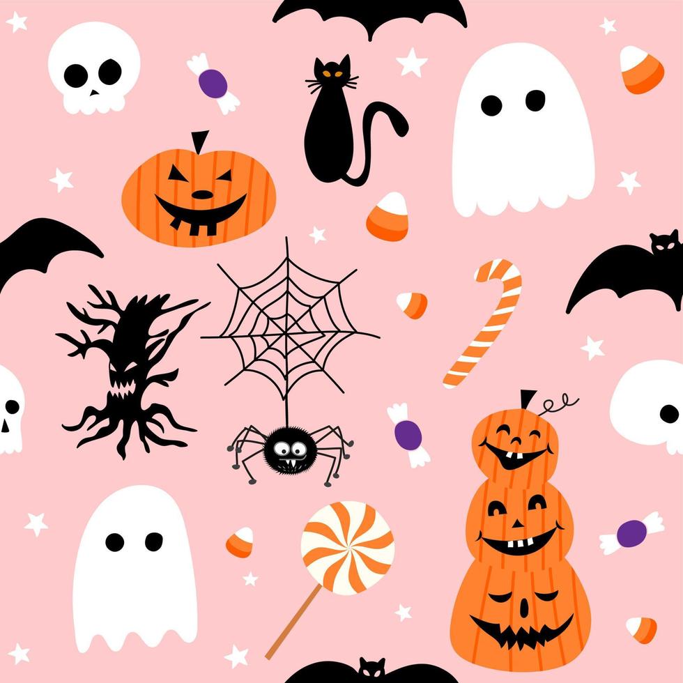 Cute Halloween seamless pattern with spider web, ghosts and pumpkins ...
