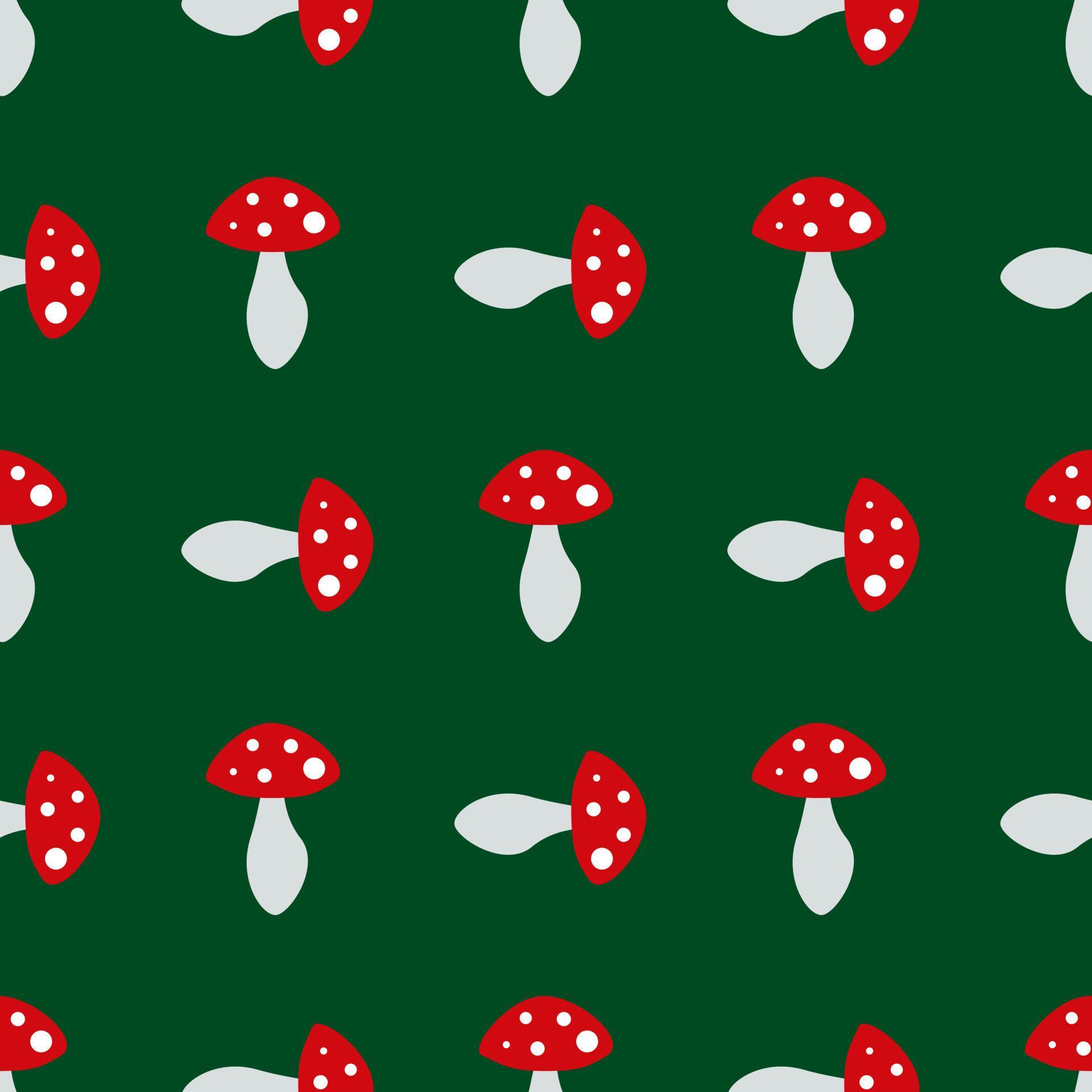 Seamless Pattern With Amanita Muscaria On Dark Green Background Vector