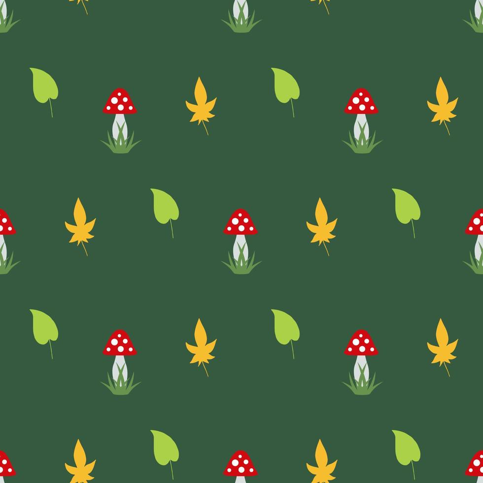 Seamless Pattern With Cozy Amanita Muscaria And Autumn Leaves On Dark