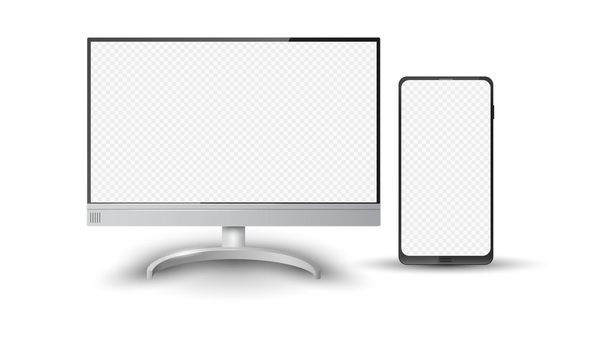 Realistic Desktop Computer Screen and Mobile Phone Mockup, Vector ...