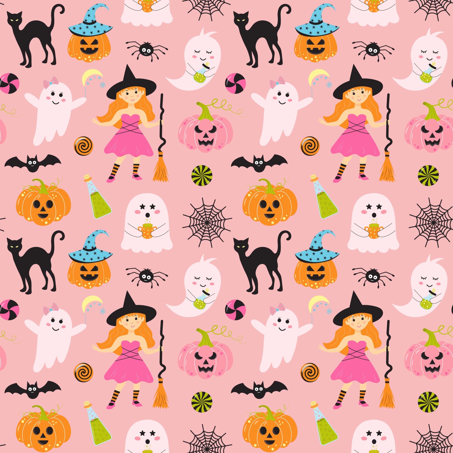 Seamless halloween pattern with cute witch, pink ghosts, bat, web ...