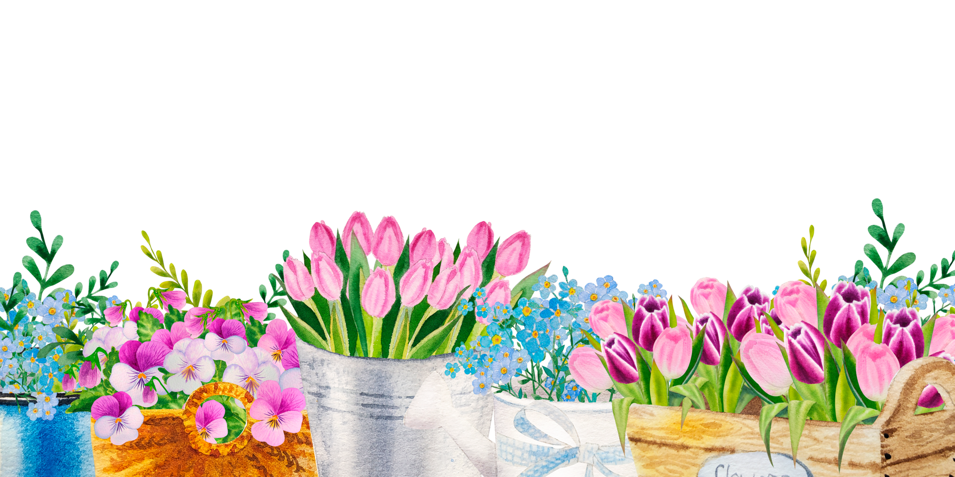 watercolor banner of spring flower bouqets in cup, jug and wooden box ...