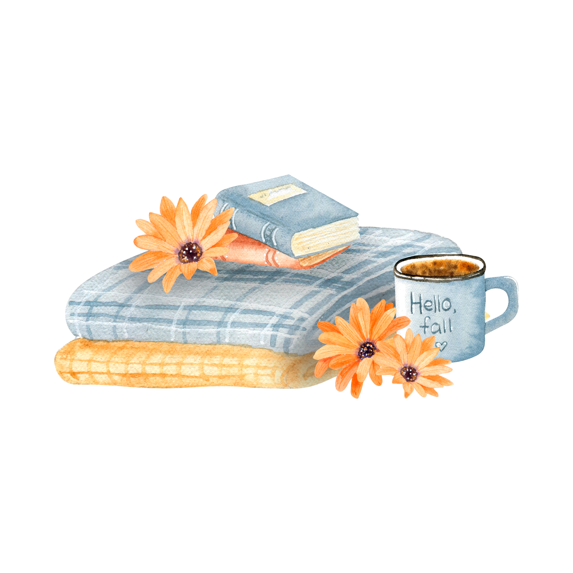 Watercolor autumn cozy blanket with books and cup of coffee. 12414504 PNG