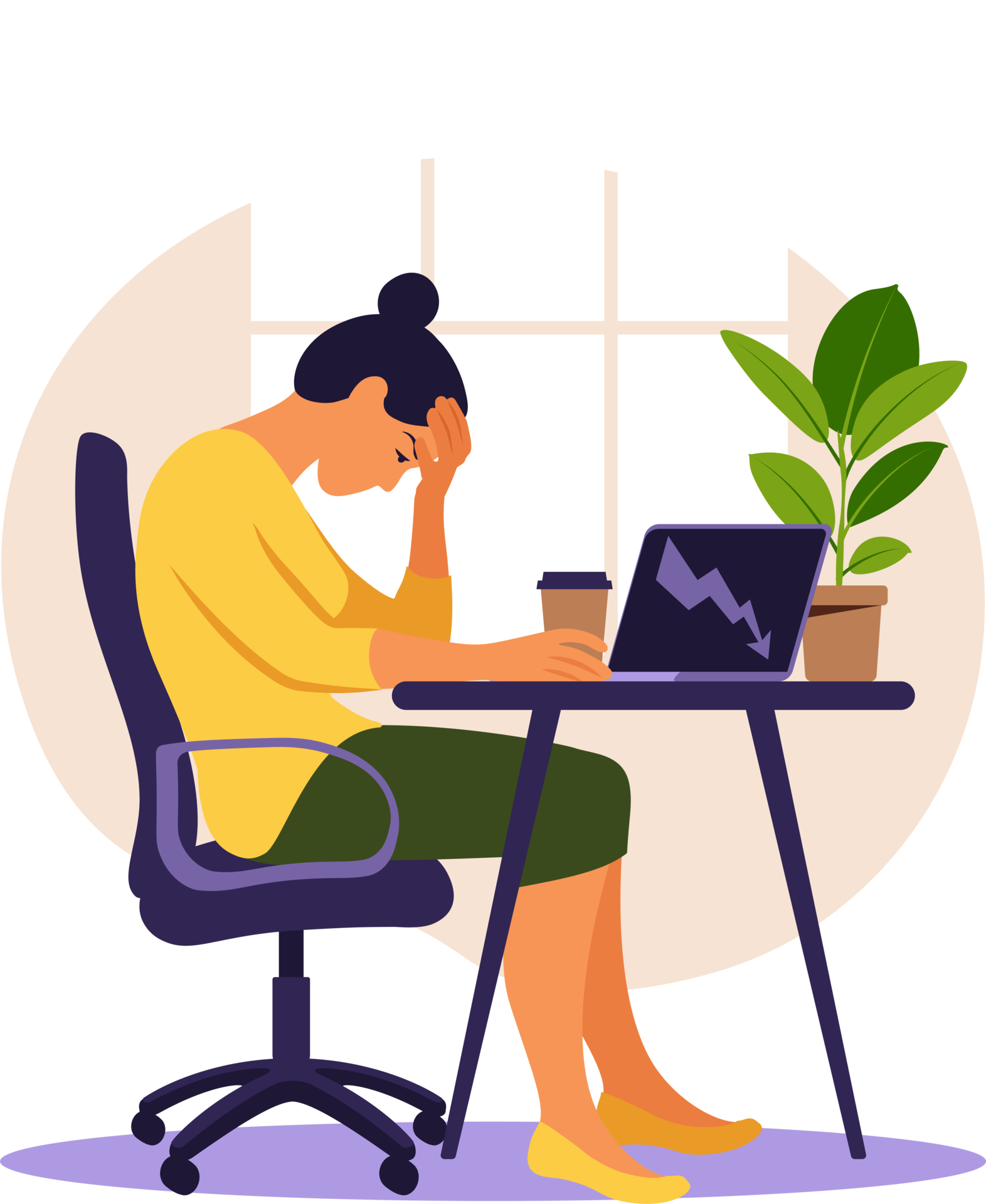 Professional burnout syndrome. Illustration tired female office worker sitting at the table ...