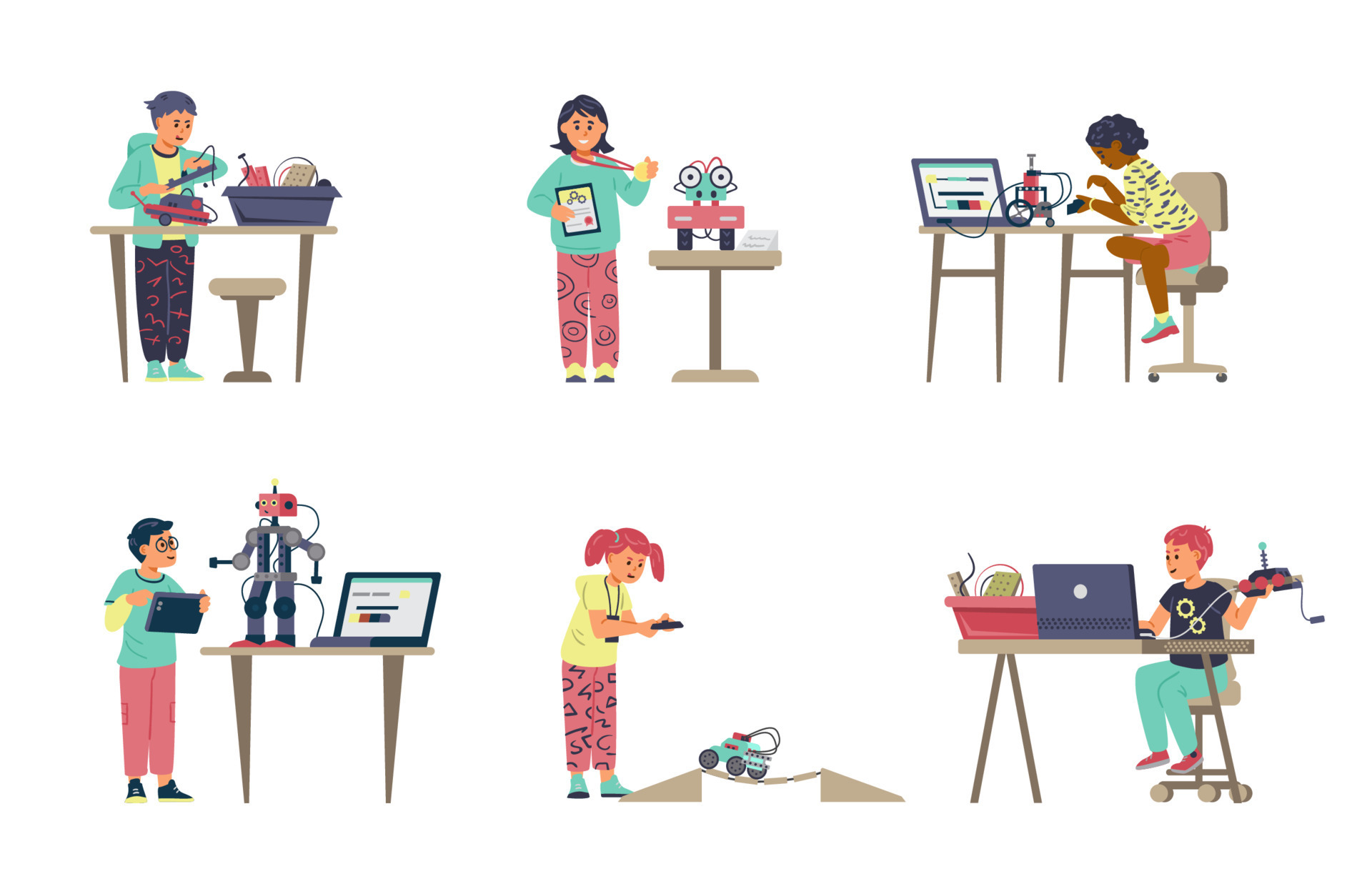 Kids robotics vector set. Boys and girls programming and engineering ...