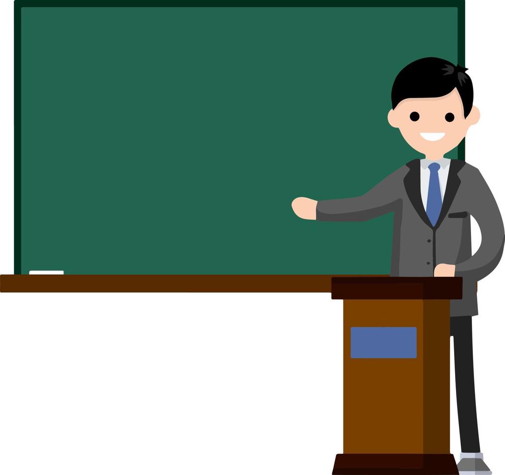 School Teacher Stands Near Blackboard Lecturer In College In Classroom