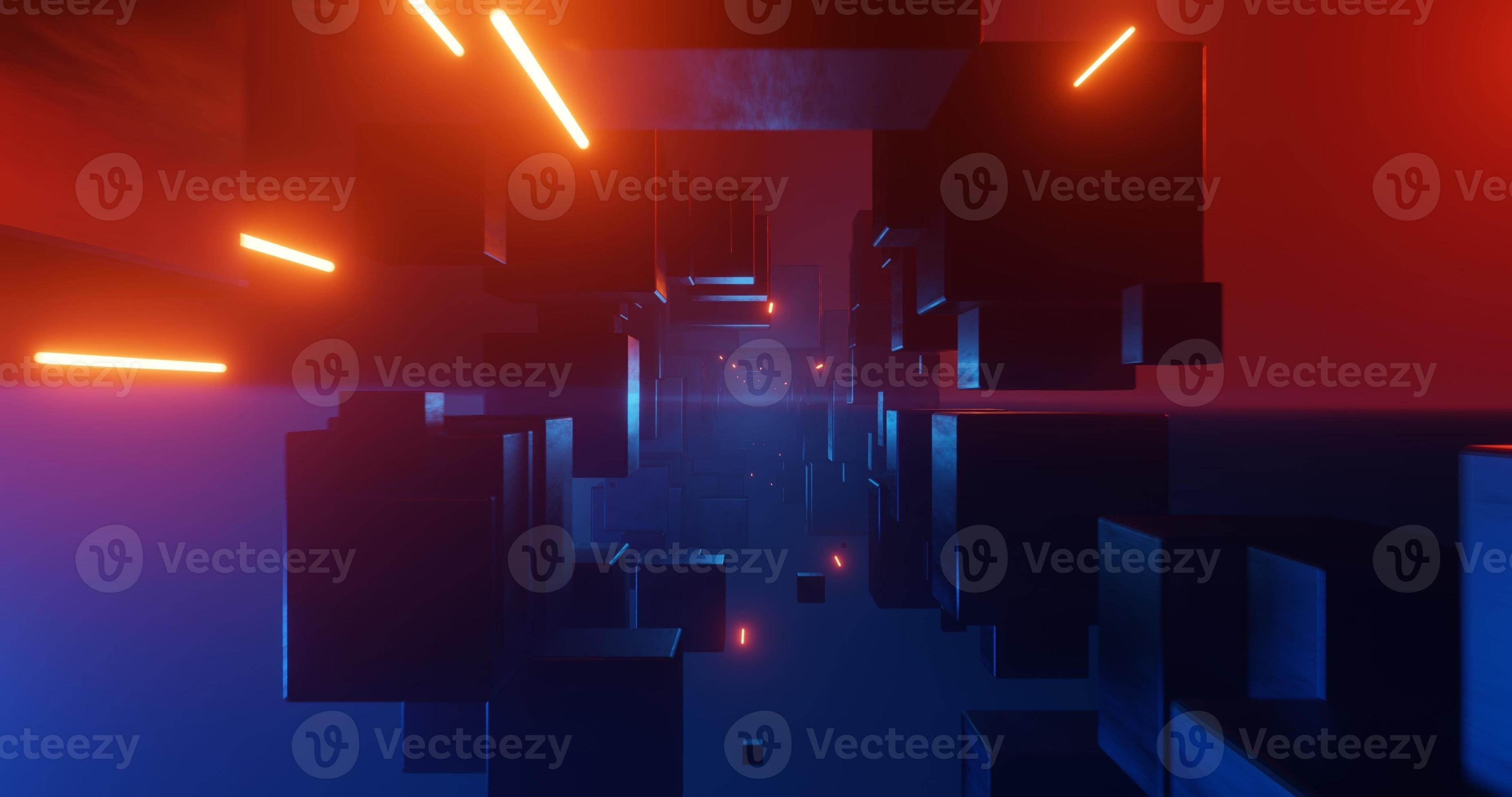 Abstract background using fantasy environment theme with metallic black textured cube object and ...