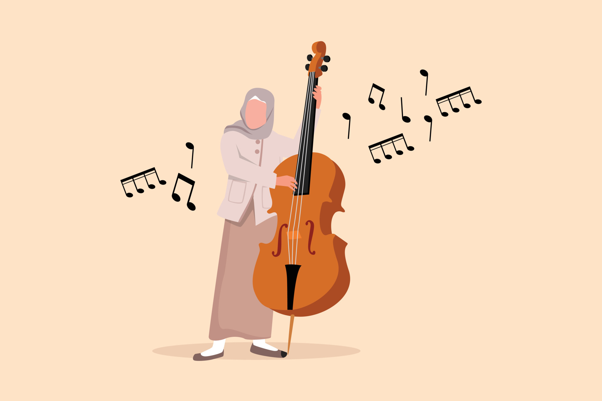 Business Design Drawing Double Bass Player Standing With Big String Instrument Arab Woman