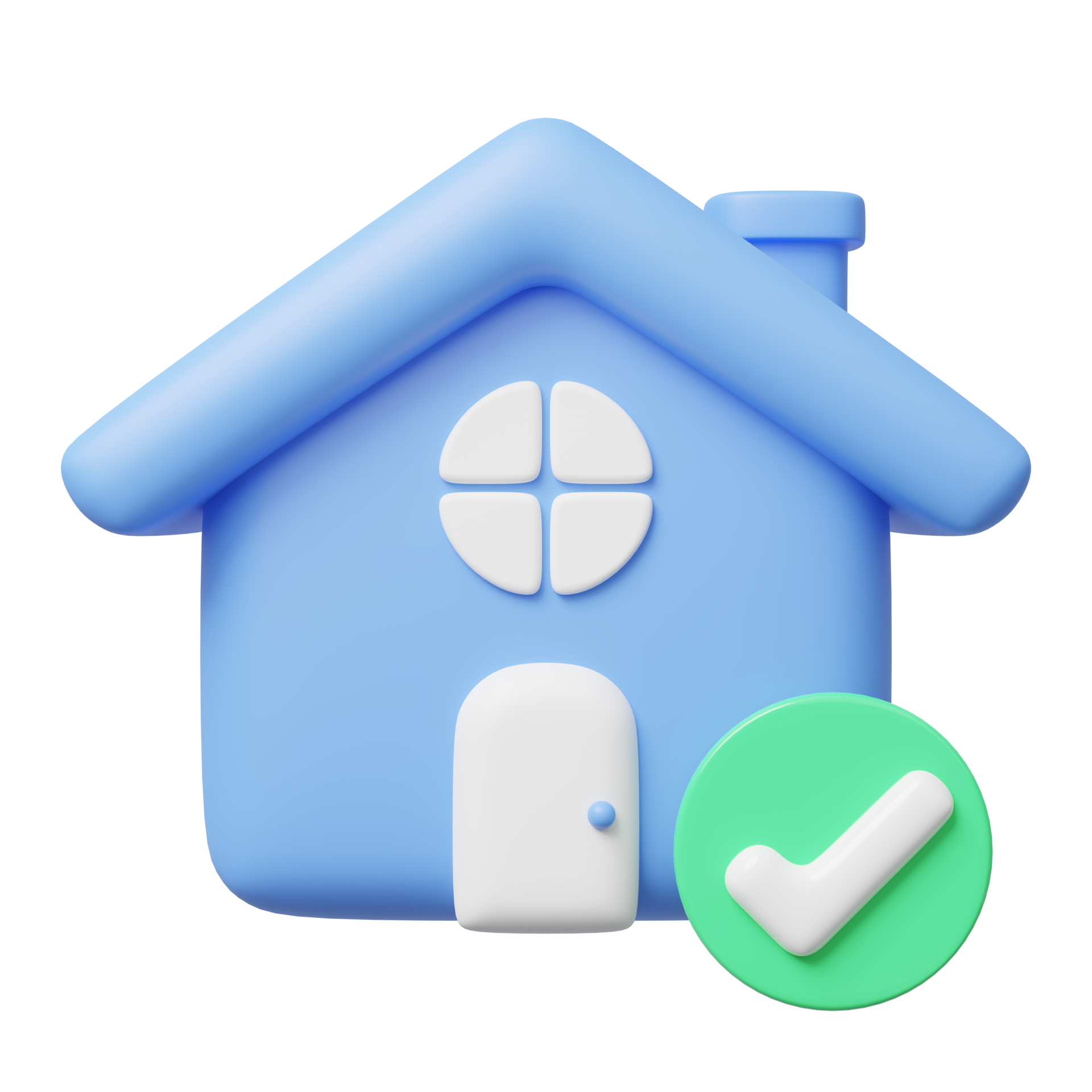 Casa azul 3d con ventanas, icono de puerta. modelo de casa, marcas de verificación flotando en ...