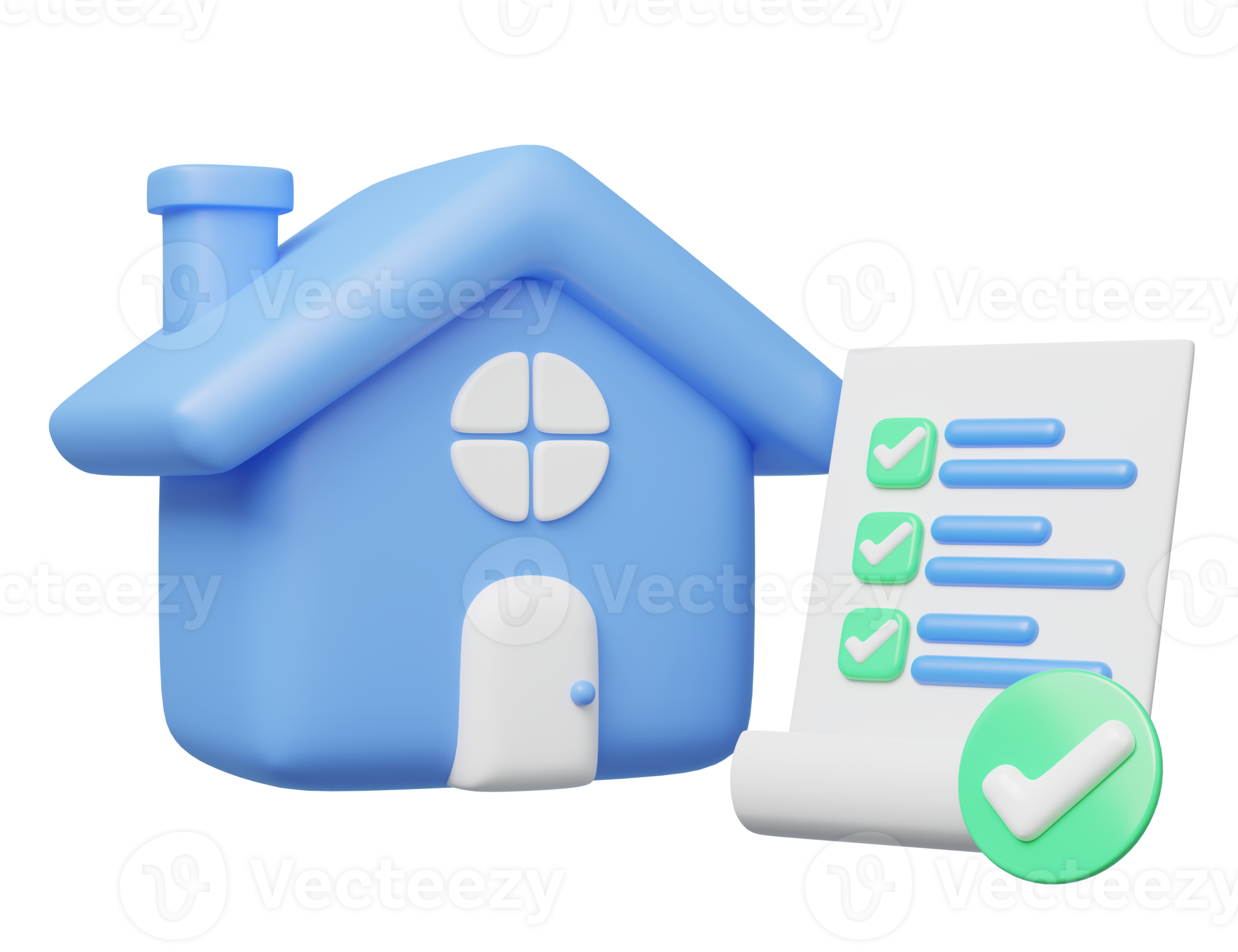 Casa azul 3d, hojas de papel, icono de marcas de verificación. modelo ... Casa azul 3d, hojas de papel, icono de marcas de verificación. modelo ...