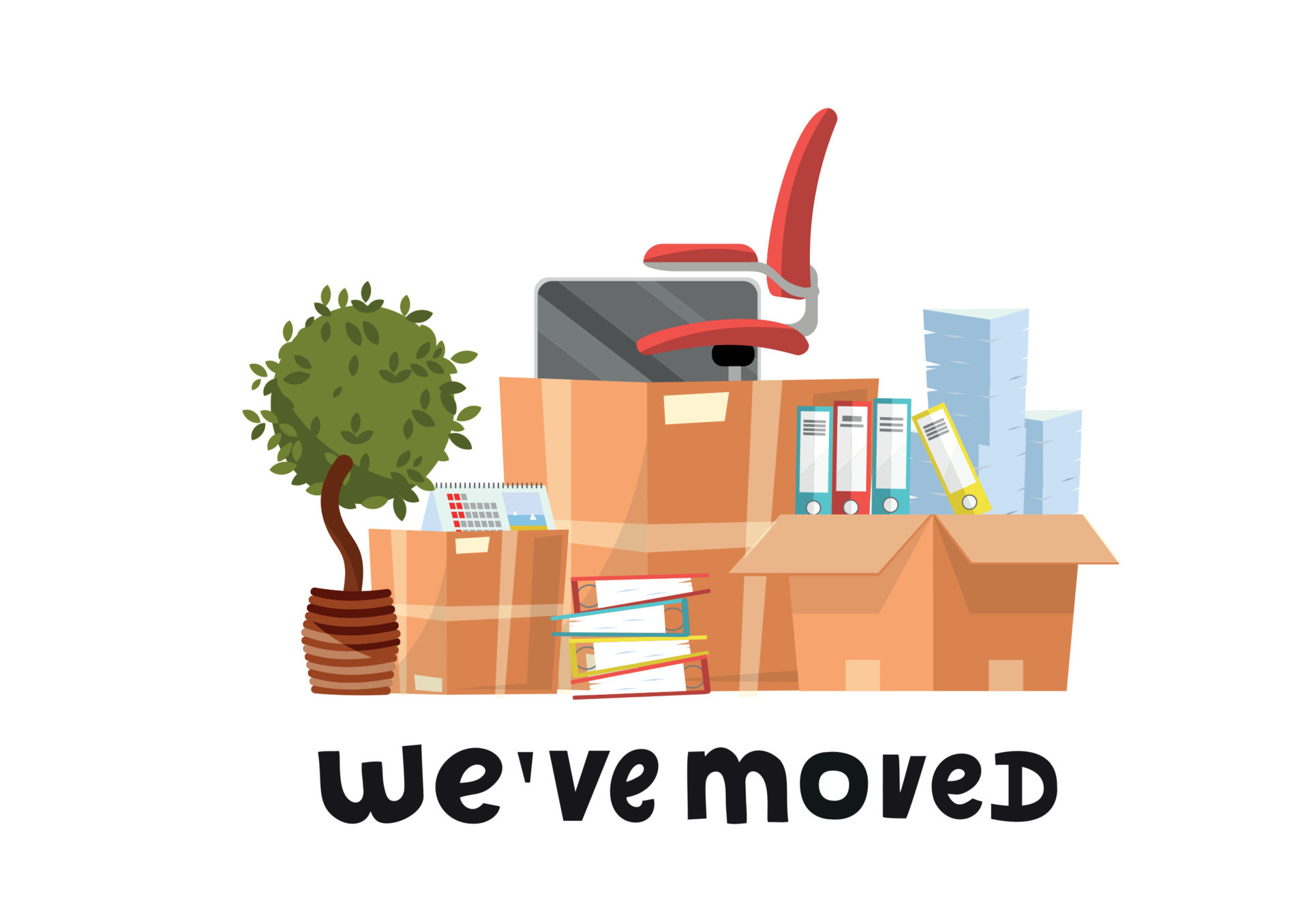 Weve Moved Hand Drawn Lettering Quote A Lot Of Open Cardboard Boxes