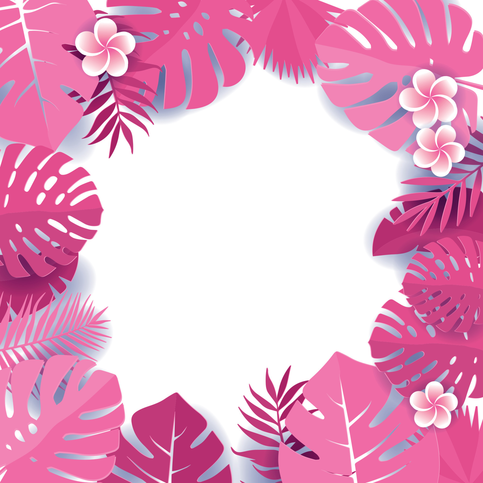 Background Of Pink Palm Leaves Frame Of Tropical Monstera Leaves With
