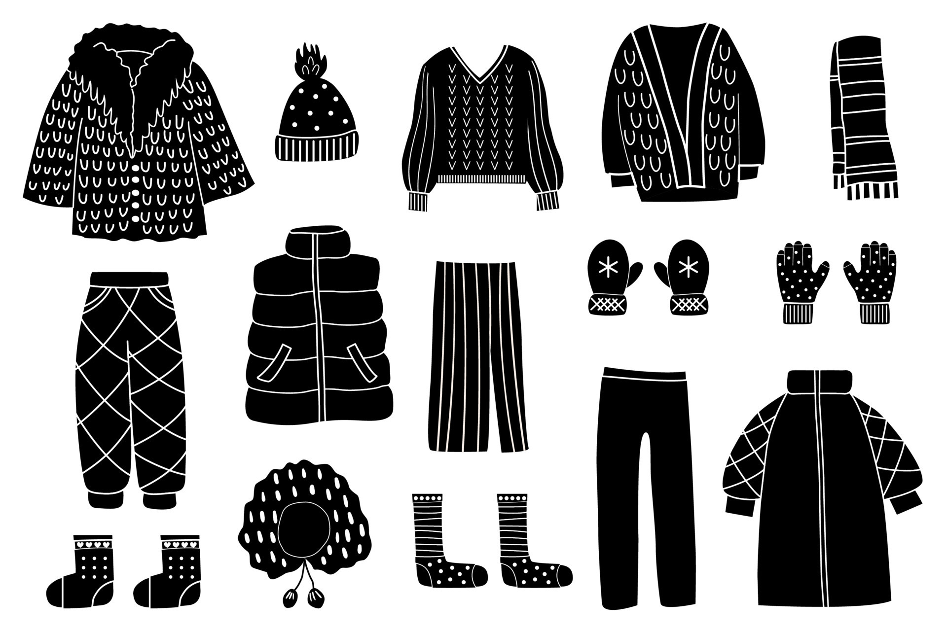 Set of black silhouettes of winter clothes. vector illustration ...