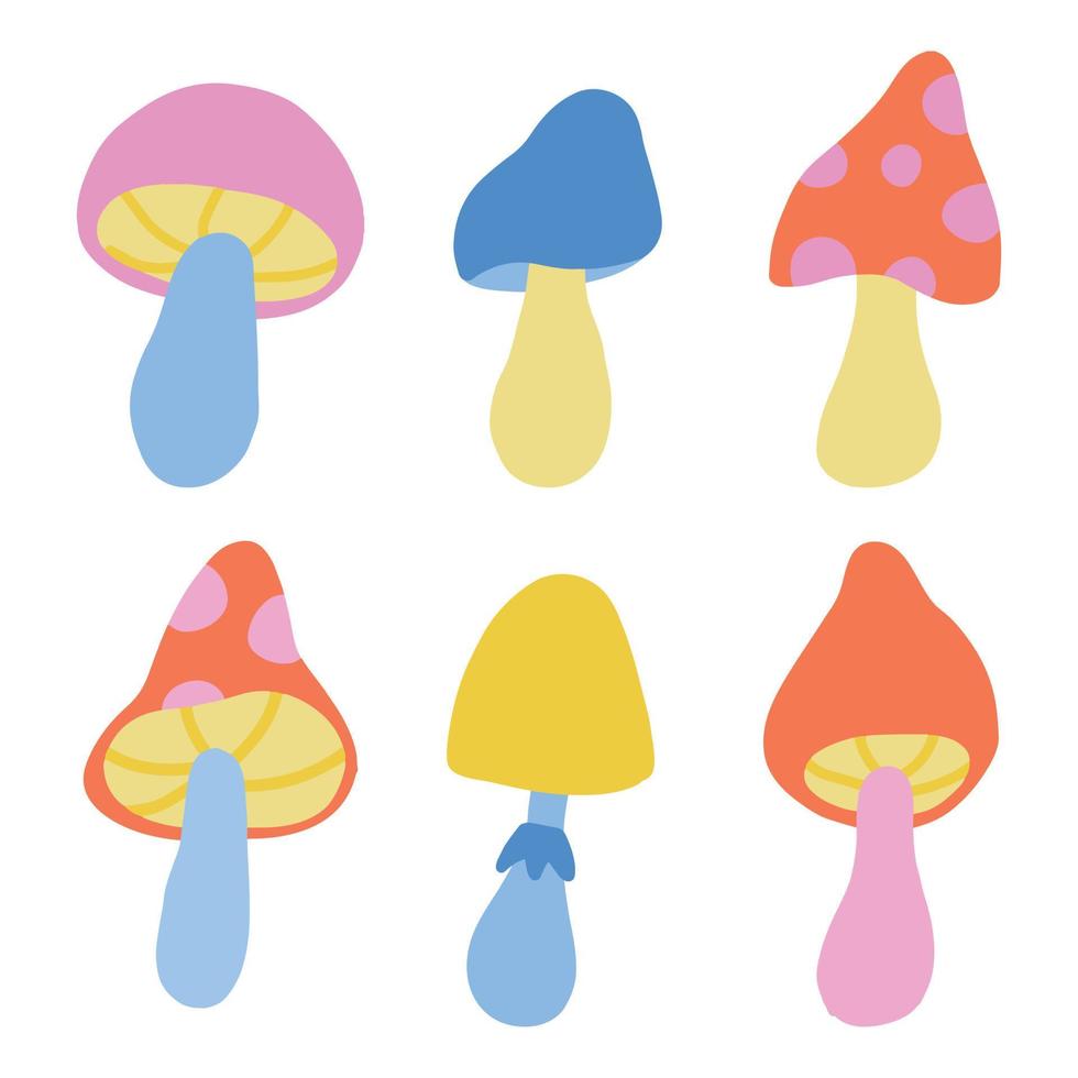 Set of retro mushrooms from the 70s. Vector illustration. Drawn style. Collection of groovy ...