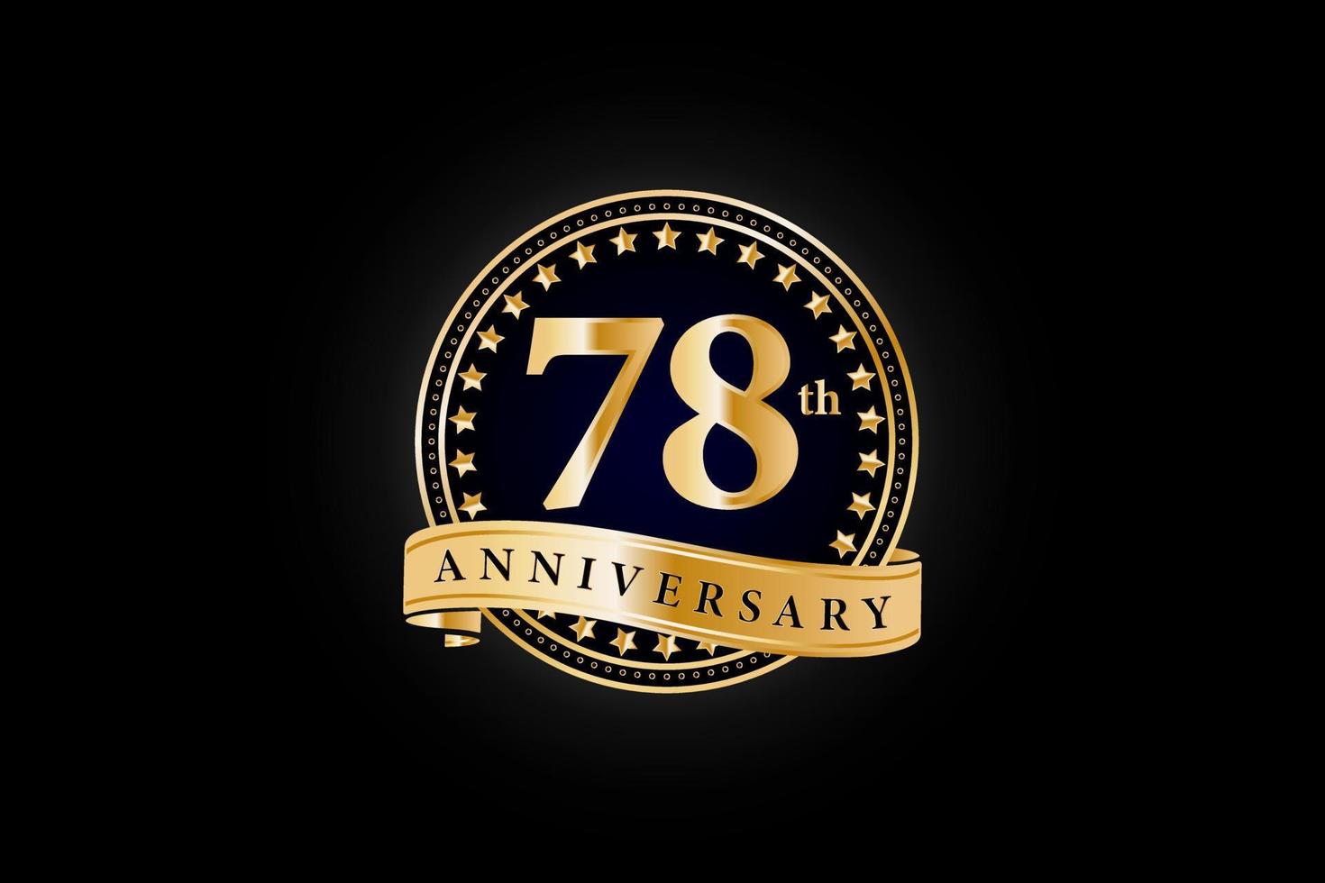 78th Anniversary golden gold logo with ring and gold ribbon isolated on black background, vector ...