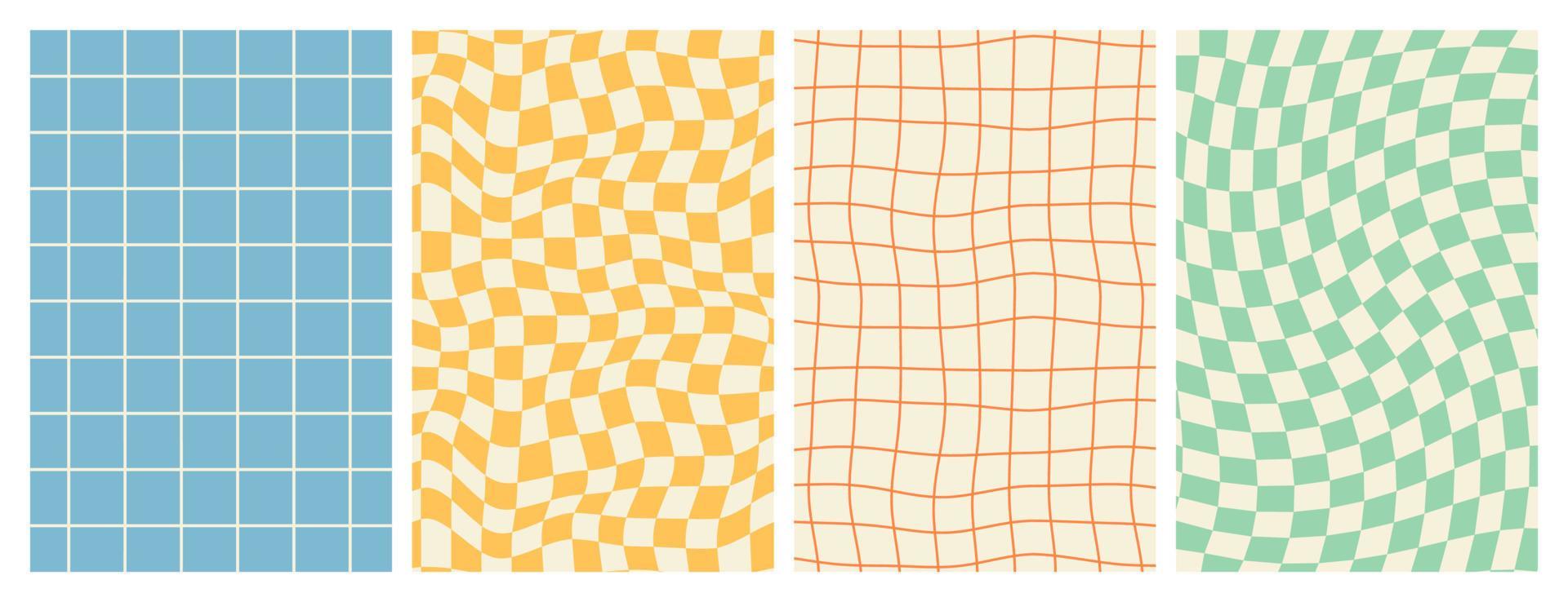 Groovy hippie 70s backgrounds. Checkerboard, chessboard, mesh, waves patterns in trendy retro ...