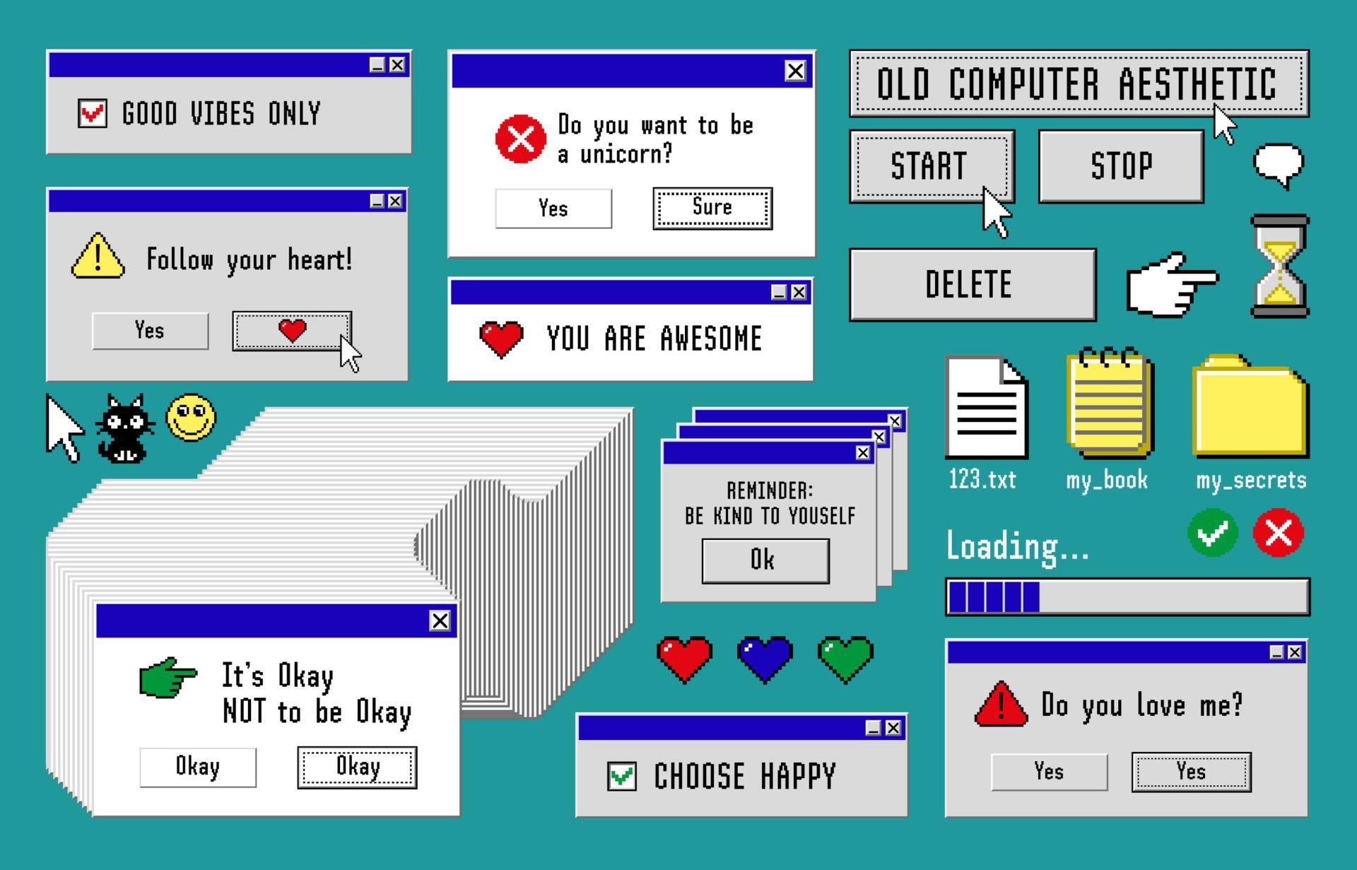 Old computer aestethic 1980s -1990s. Set with retro pc elements, user interface, icons and ...