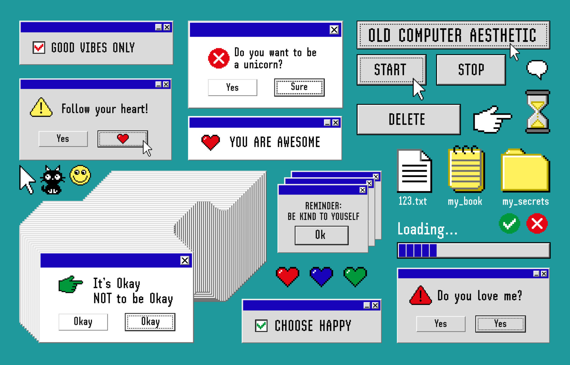 Old Computer Aestethic 1980s 1990s Set With Retro Pc Elements User