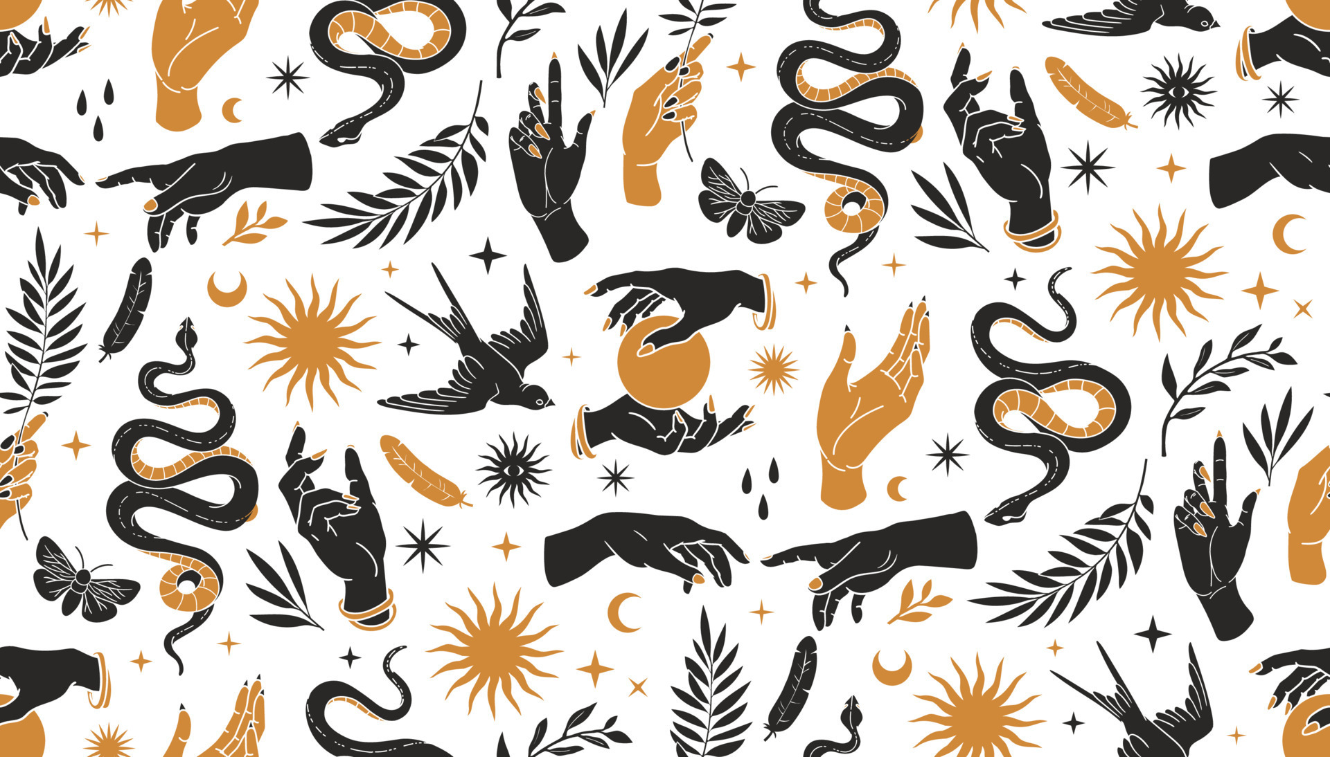 Boho mystical seamless pattern with hands, snakes, moon, sun, bird ...