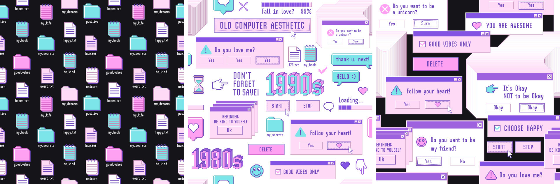 Old Computer Aestethic 1980s 1990s Set Of Seamless Patterns With