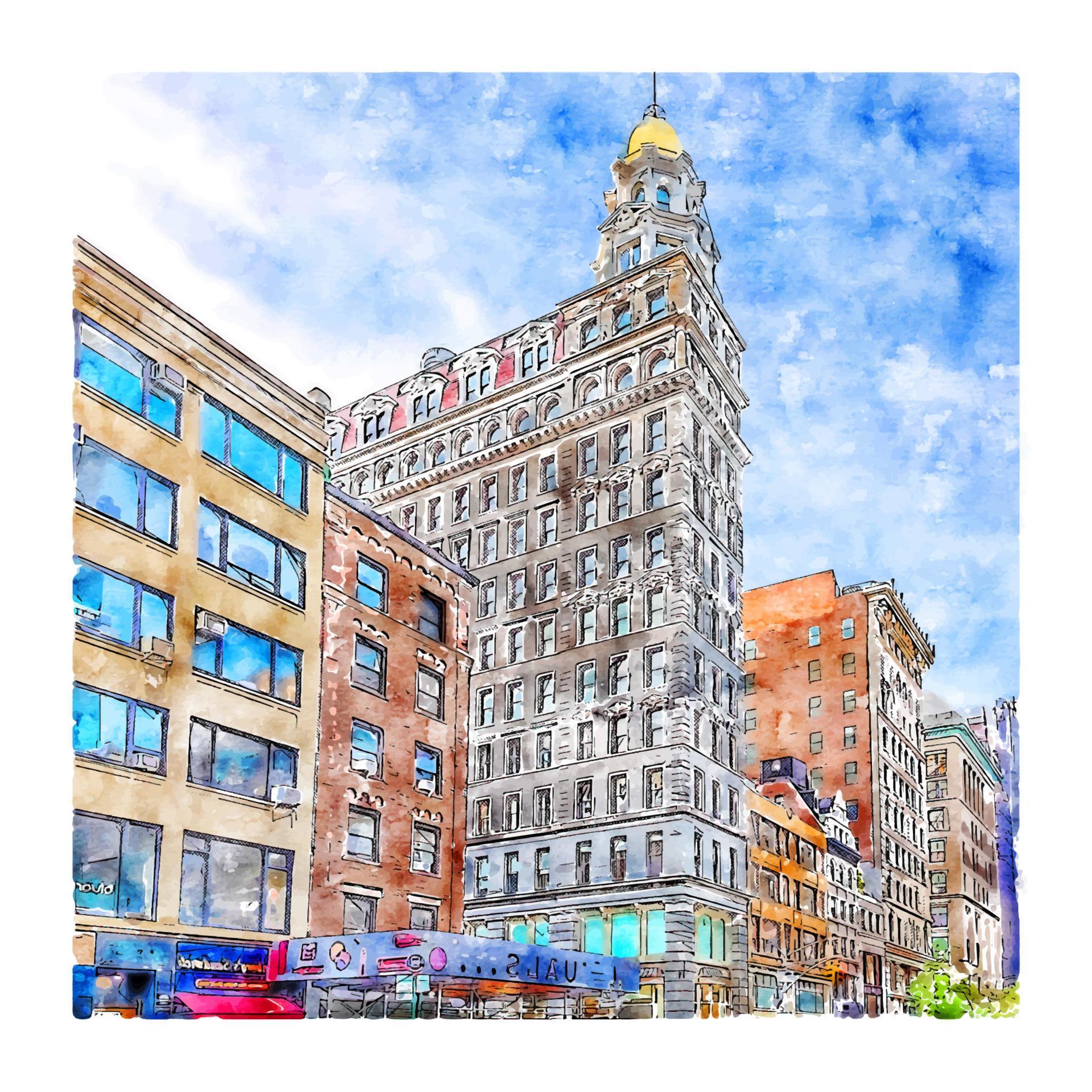 Architecture New York Watercolor sketch hand drawn illustration ...