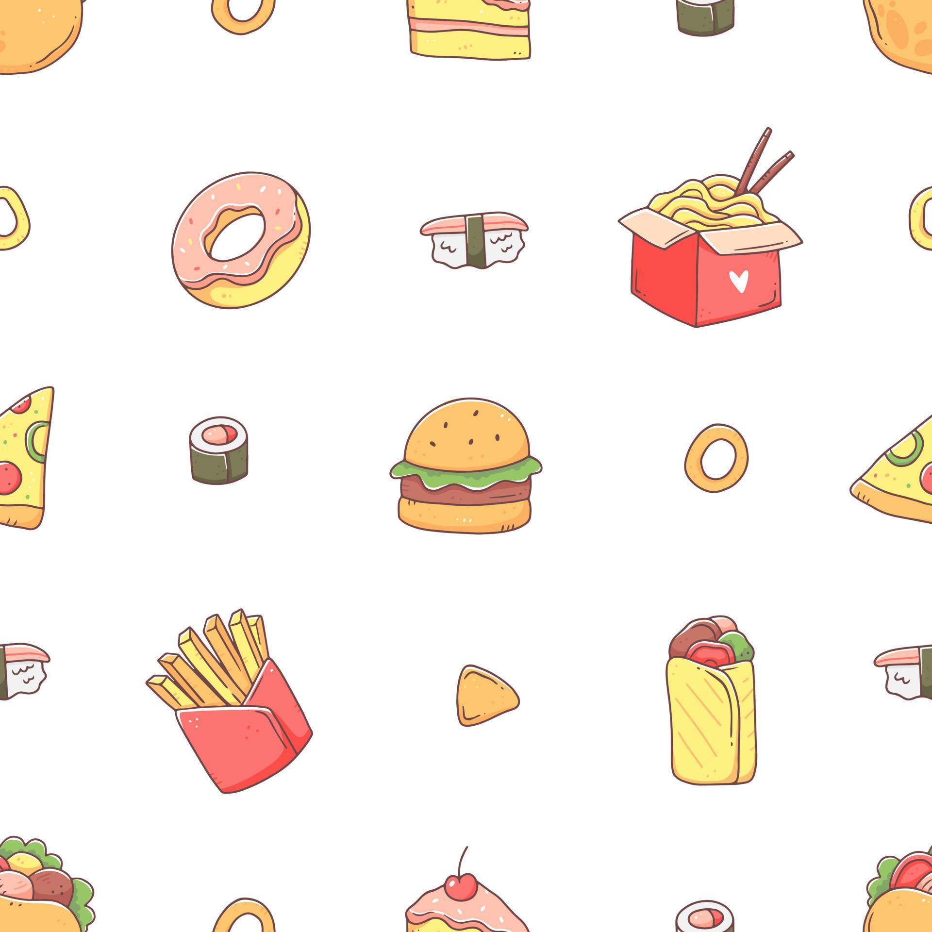 Seamless pattern with fast food in a cute kawaii doodle style. Vector ...