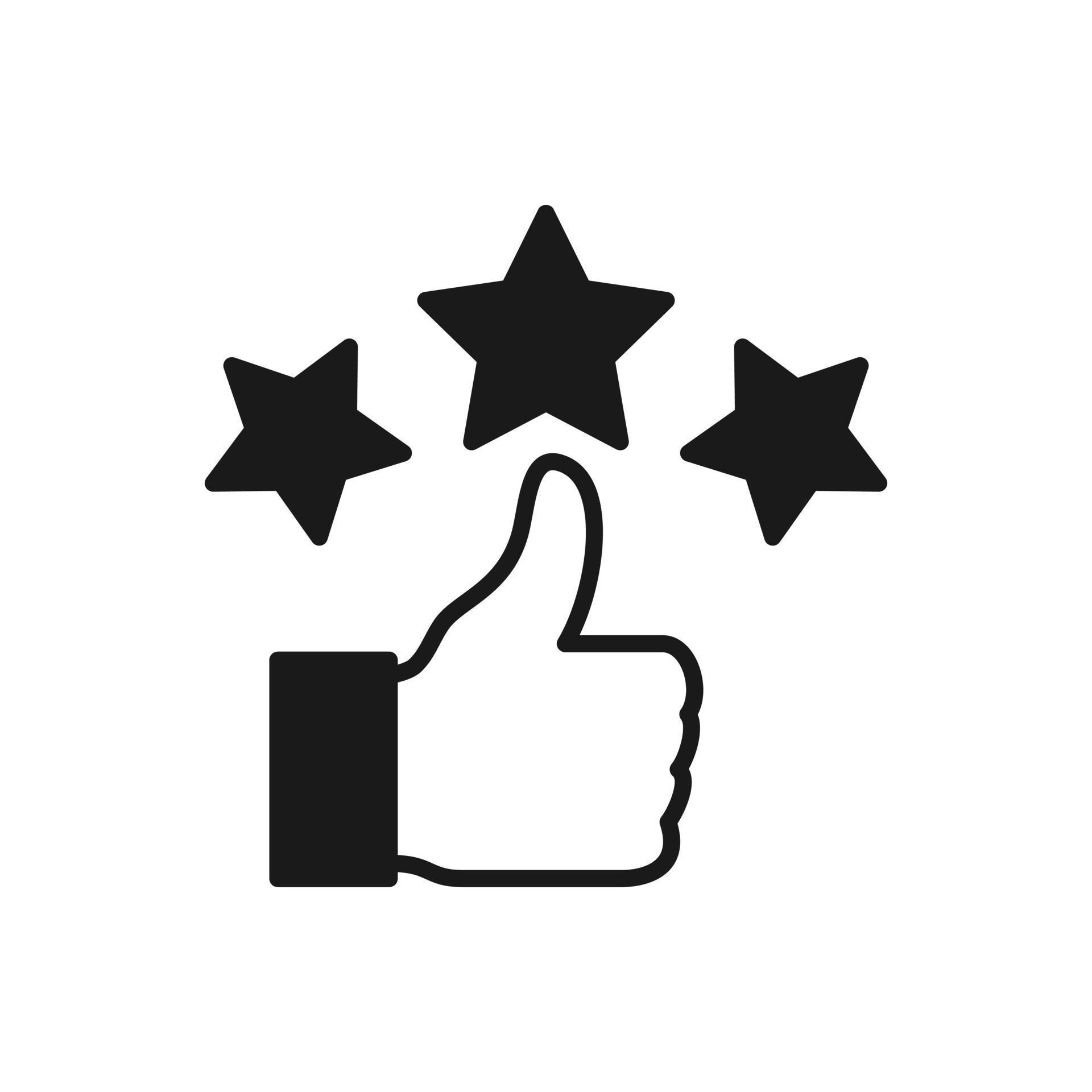 three star and thumb up rating icon. Customer excellent review and feedback. Thin line ...