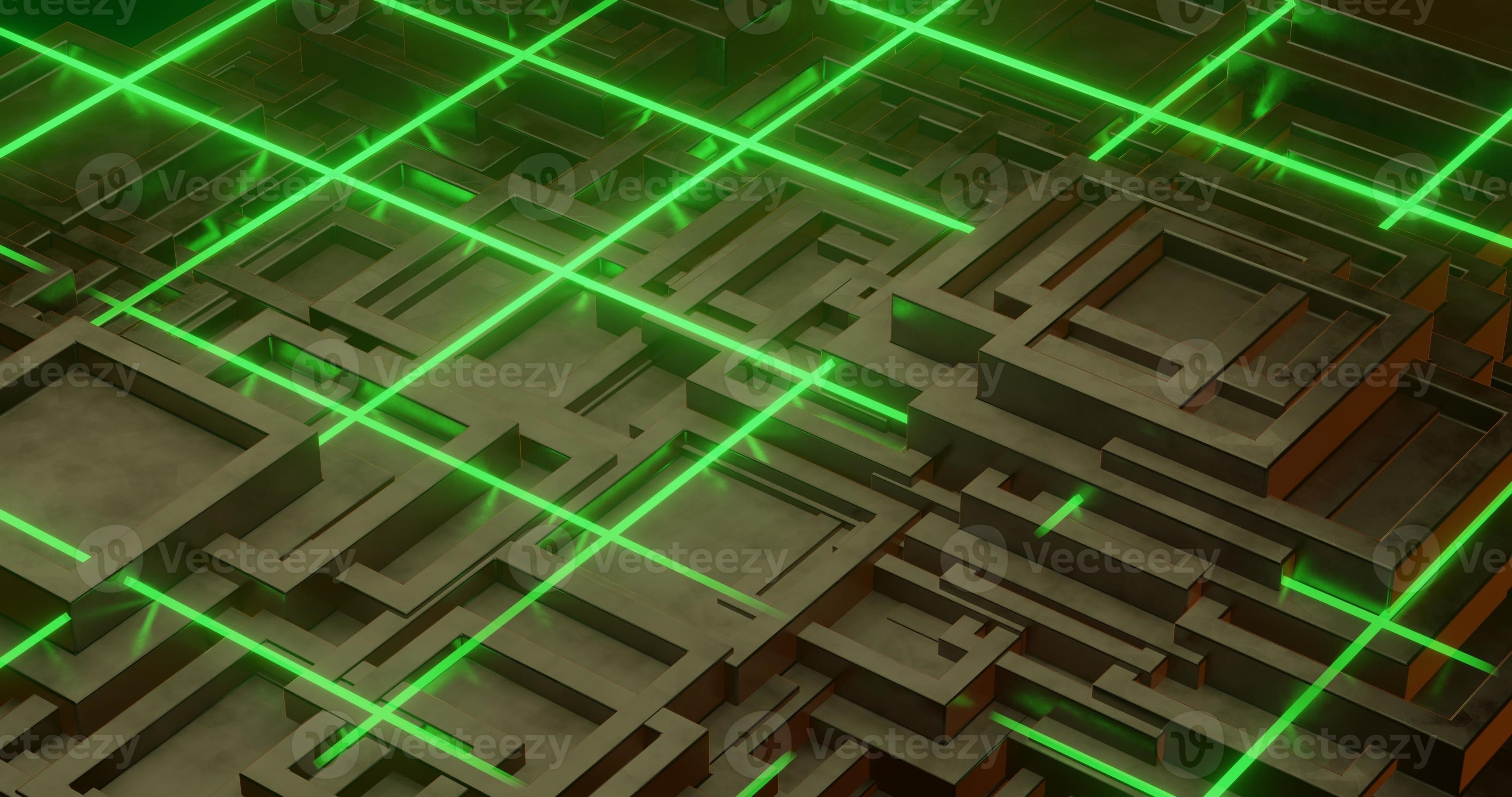 Abstract Background Using Geometric Cube Pattern With Metallic Texture With Lines In Neon Green