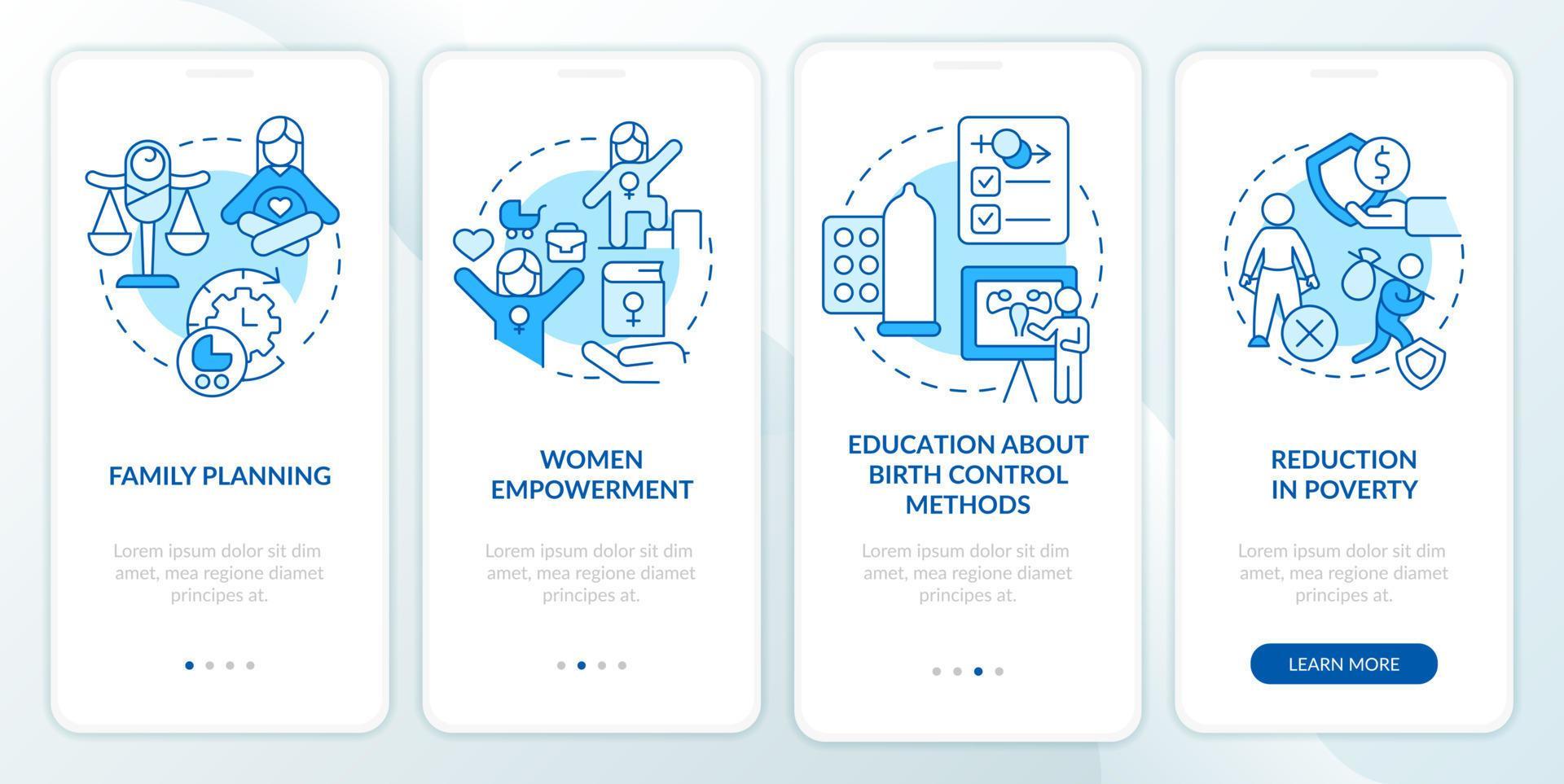 Solutions To Overpopulation Blue Onboarding Mobile App Screen Walkthrough 4 Steps Editable