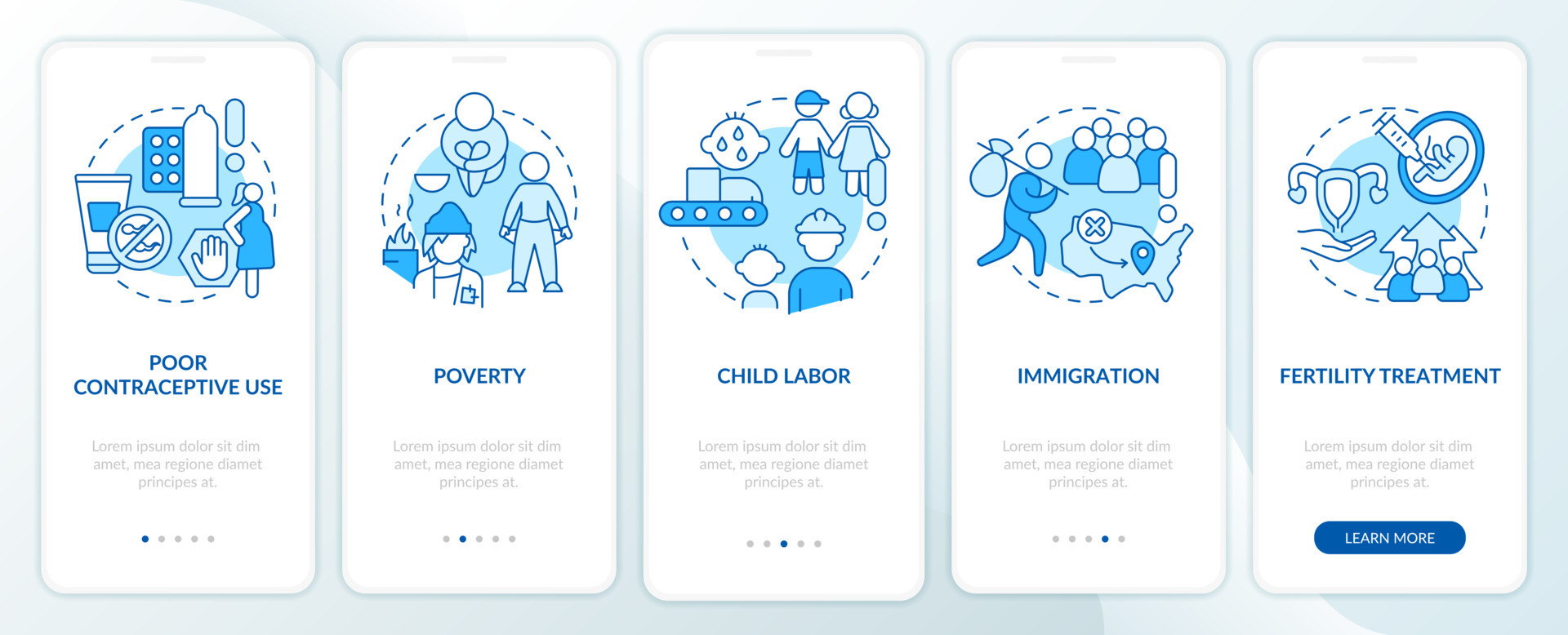 Causes Of Overpopulation Blue Onboarding Mobile App Screen Reasons Walkthrough 5 Steps Editable