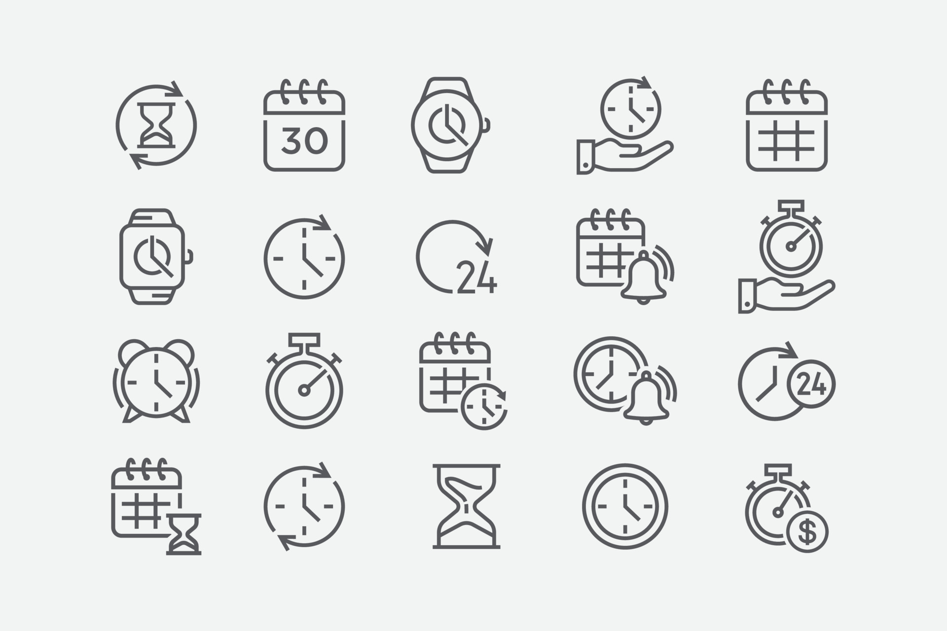 Time And Clock Vector Linear Icons Set Timer Alarm Calendar Time Stopwatch Hourglass And