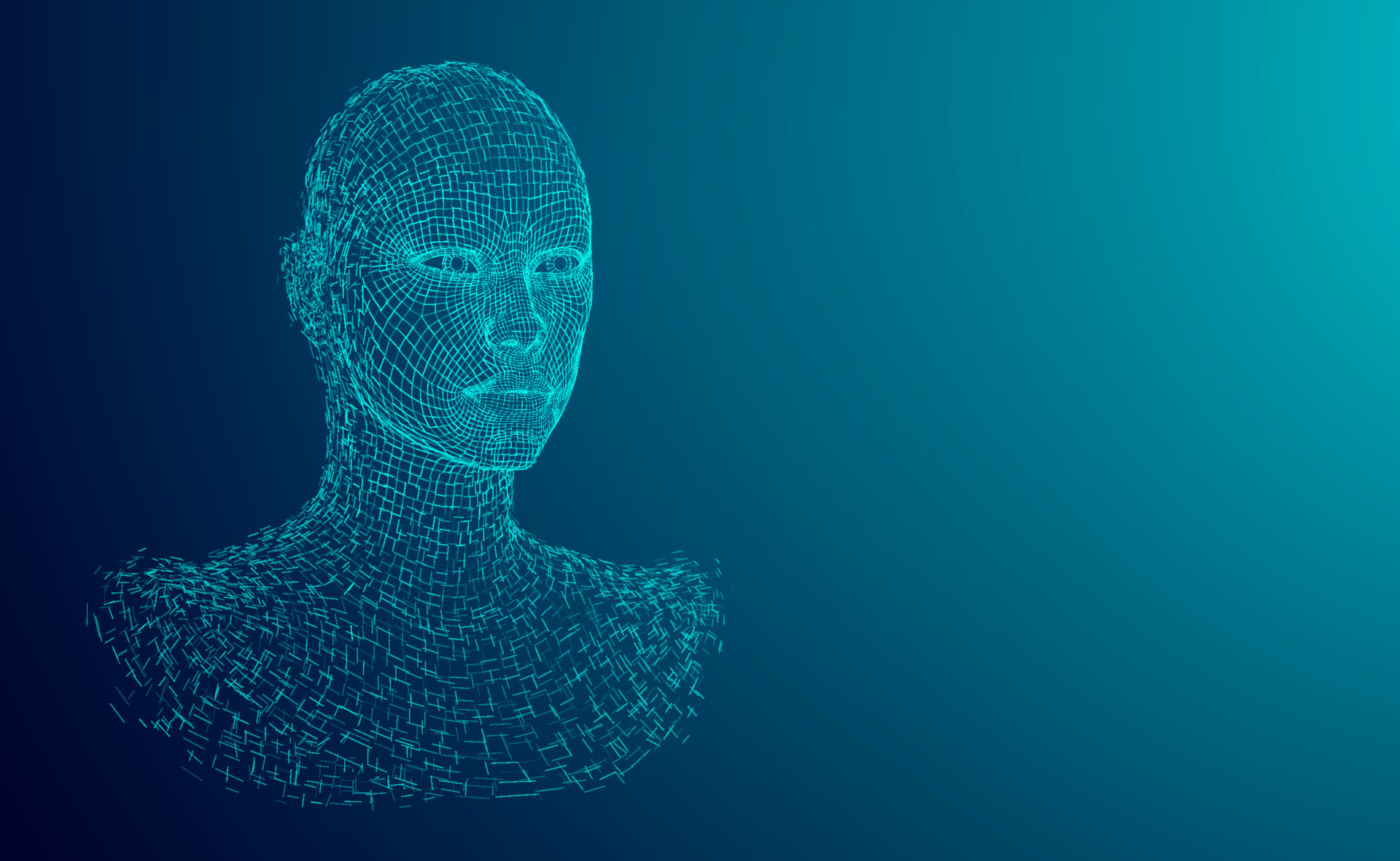 Ai digital brain. Artificial intelligence concept. Human head in robot digital computer ...