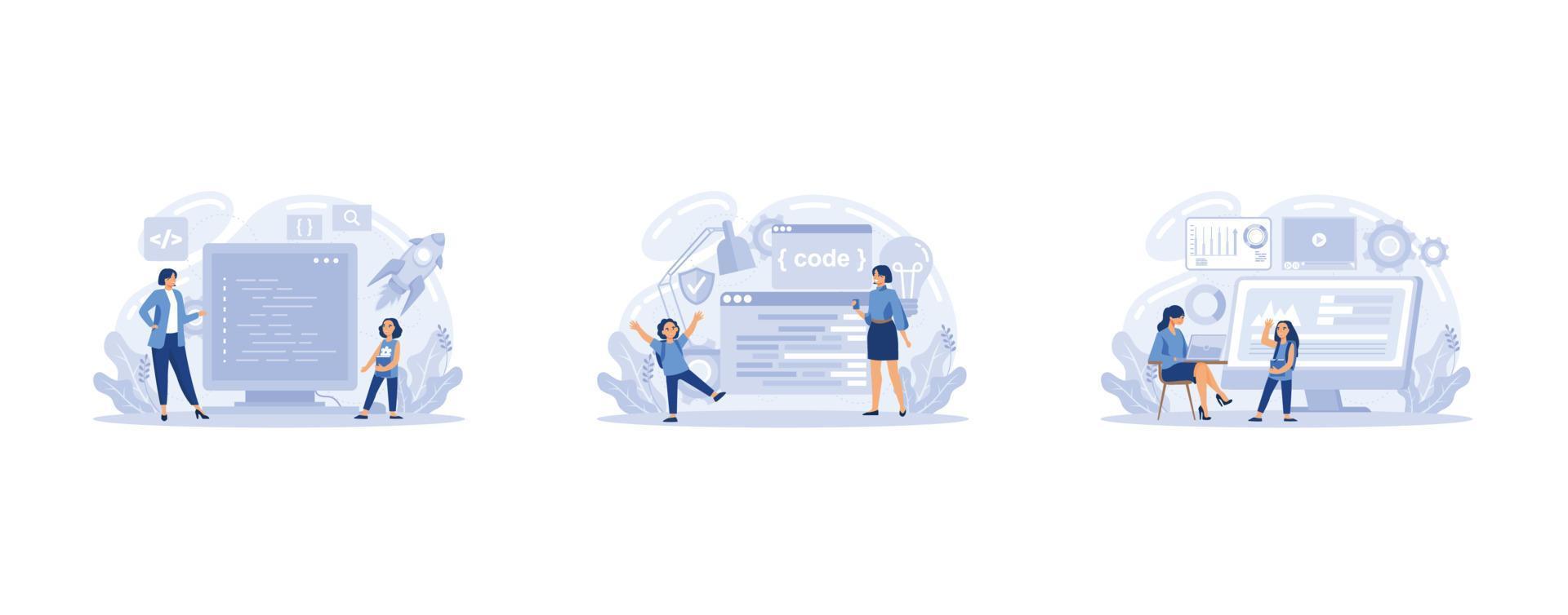 IT education web banner or landing page set. Student write software and ...