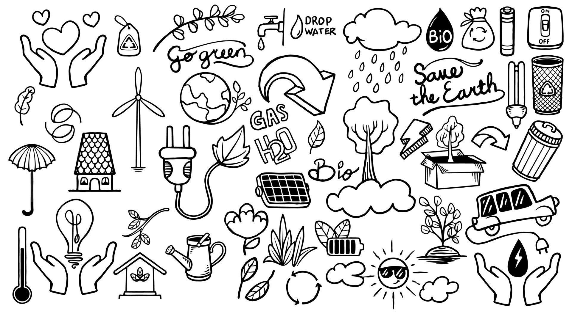 Hand drawn ecology doodle icon set of save earth on white background ...