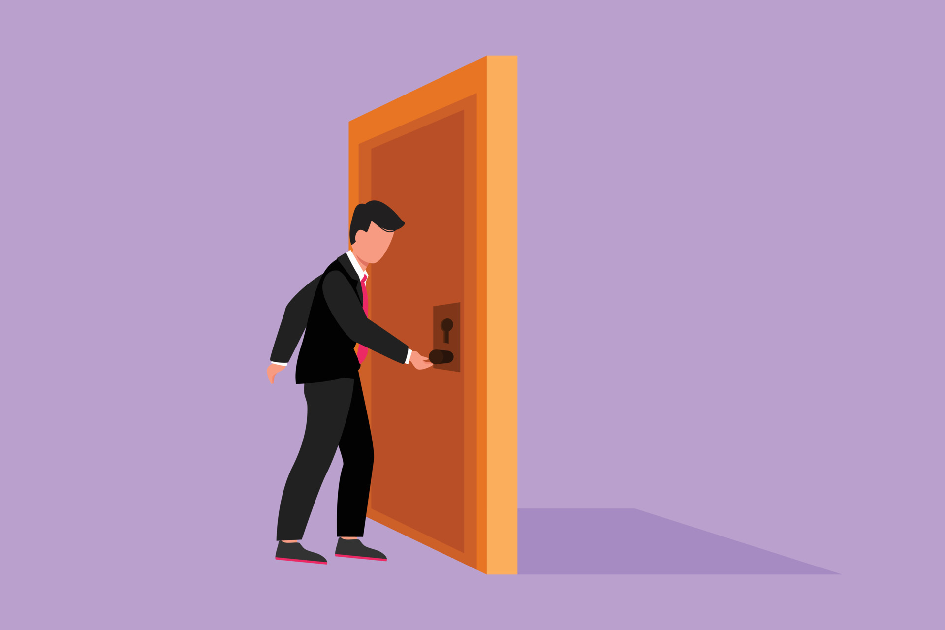 Cartoon flat style drawing young businessman holding a door knob ... Cartoon flat style drawing young businessman holding a door knob ...