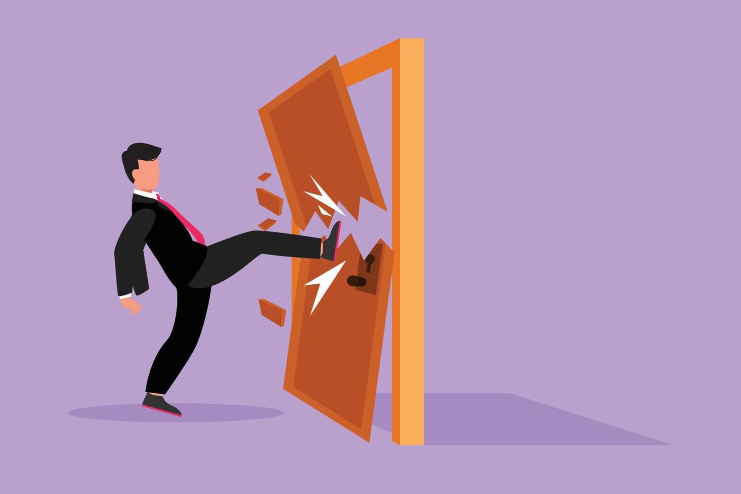 Graphic flat design drawing of young businessman kicks the door until ... Graphic flat design drawing of young businessman kicks the door until ...
