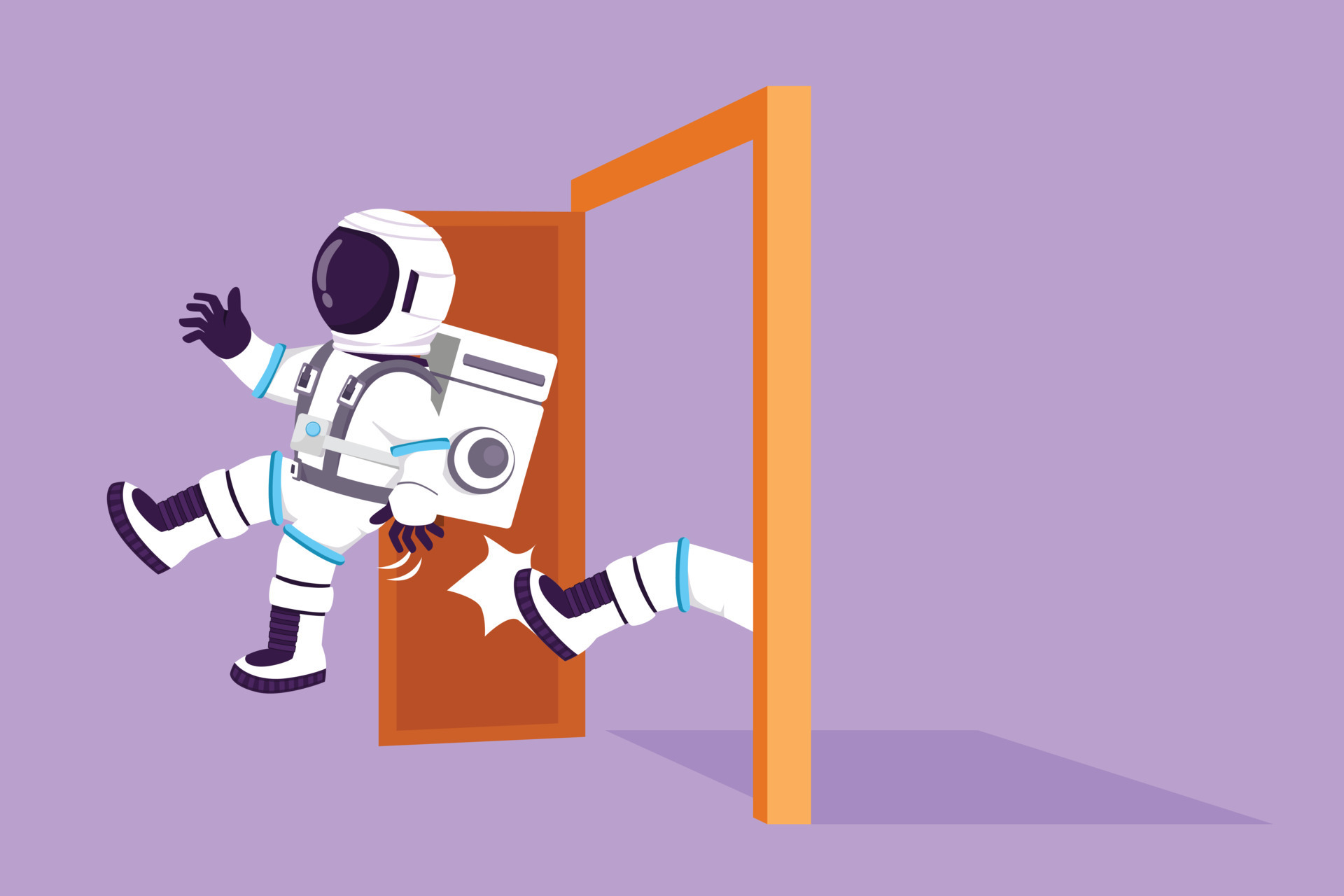 Cartoon Flat Style Drawing Young Astronaut Get Kicked Out Of Door In Moon Surface Dismissed