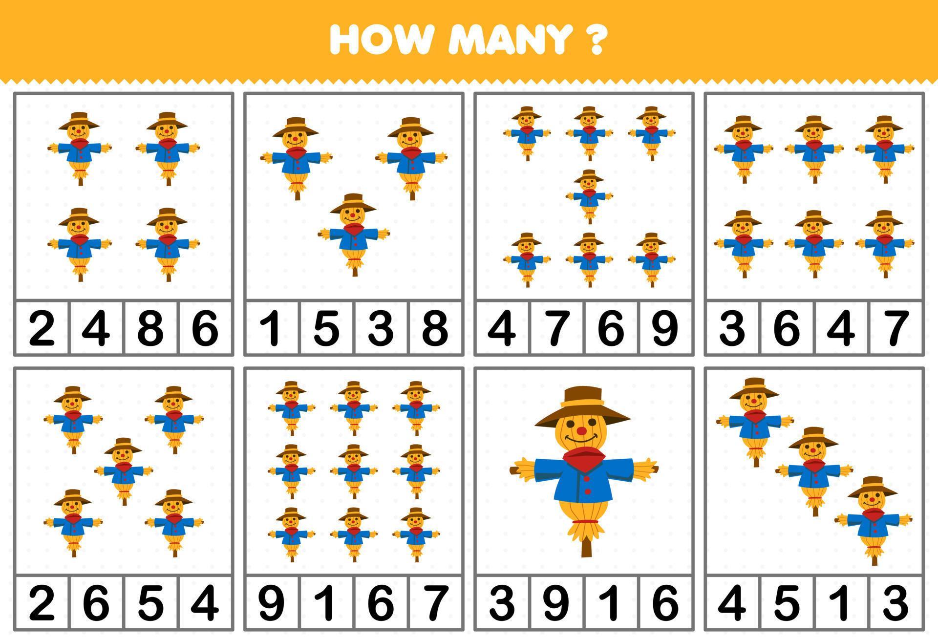 Education game for children counting how many objects in each table of ...