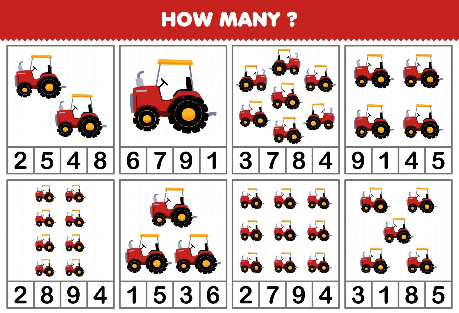 Education game for children counting how many objects in each table of ...
