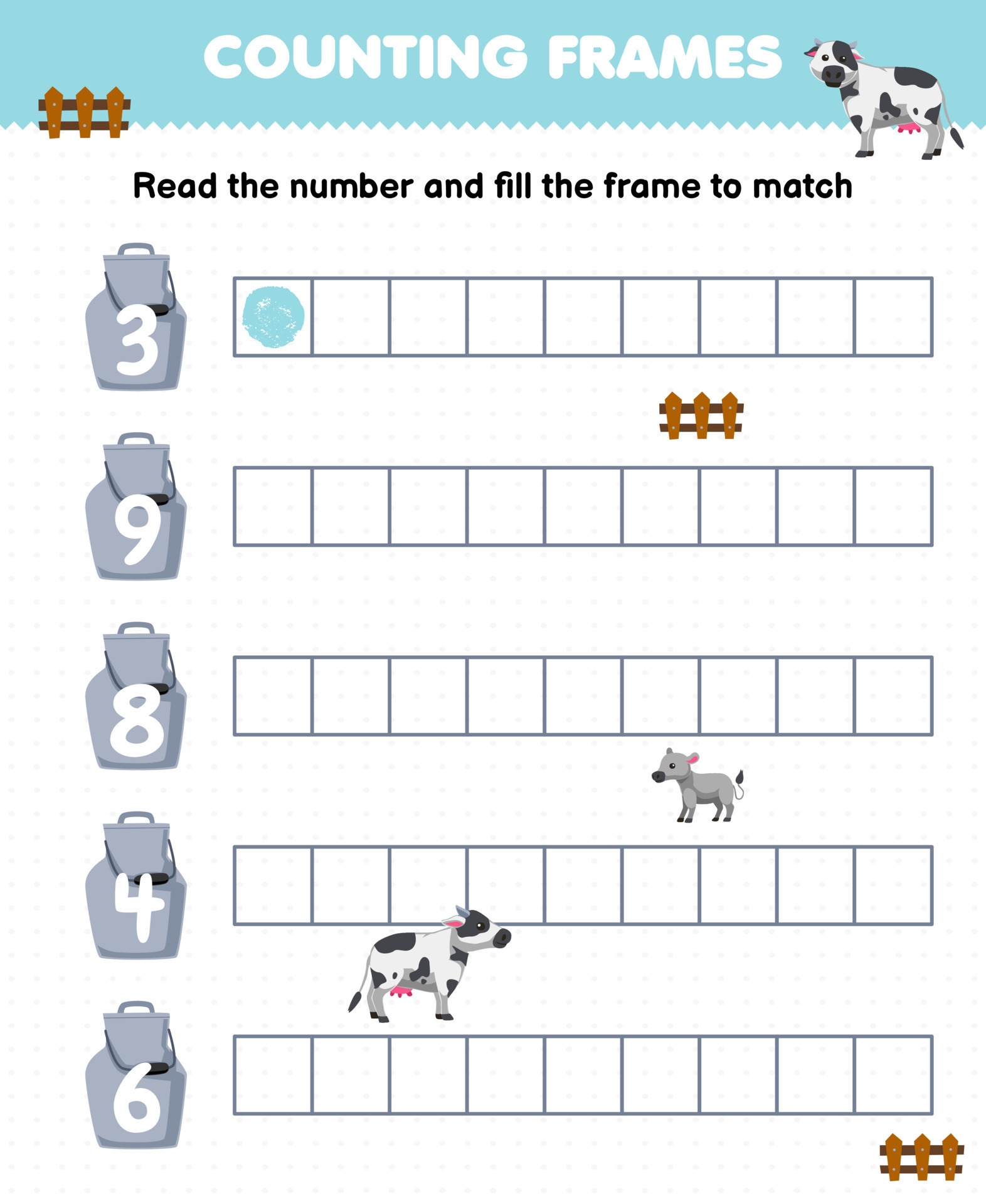 Educational game for kids read the number and fill the frames of cute ...