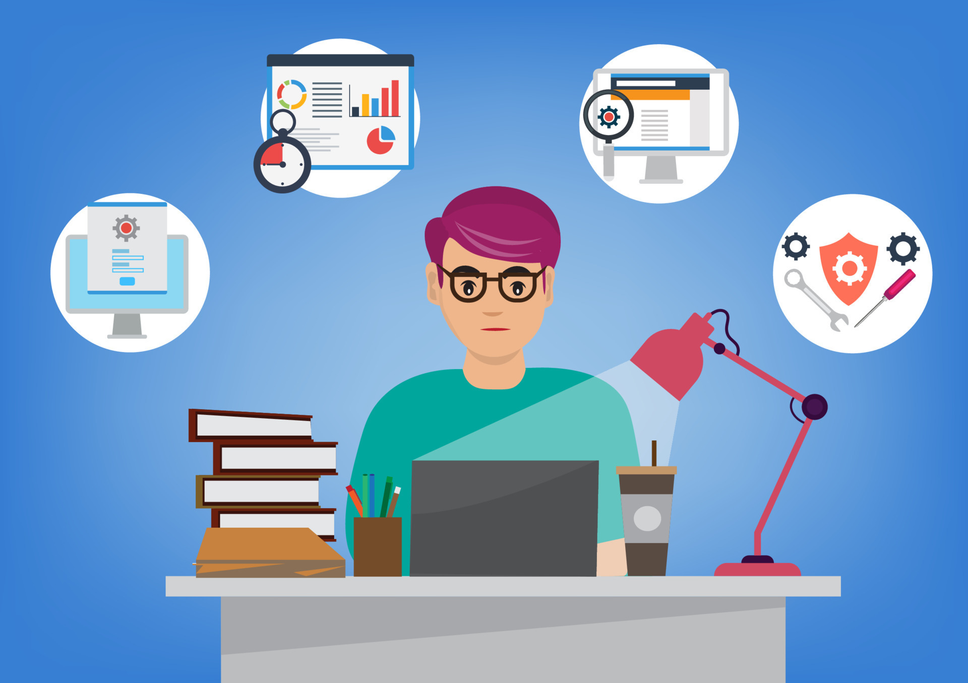 Male Character Working On Developing A New Website Someone With Laptop Programming Creates New