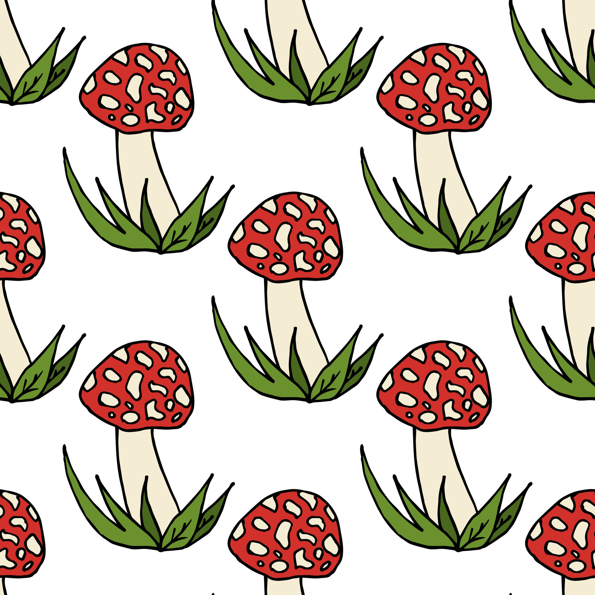 Seamless Pattern With Cozy Amanita Muscaria On White Background Vector