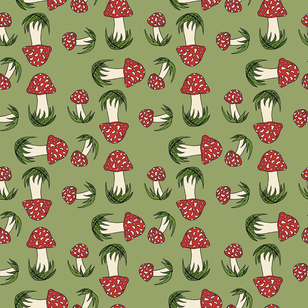 Seamless Pattern With Creative Amanita Muscaria On Light Green