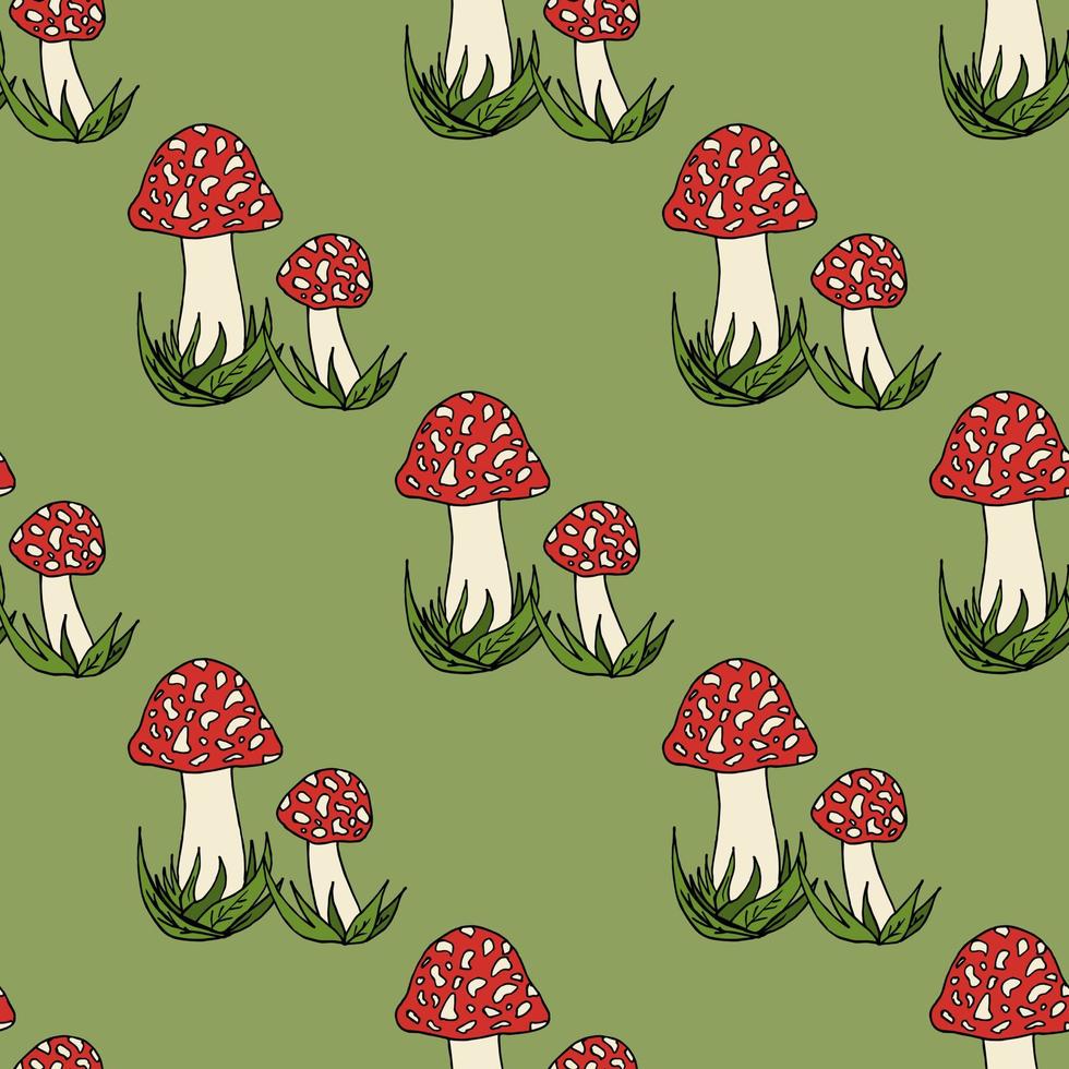 Seamless Pattern With Cute Amanita Muscaria On Green Background Vector