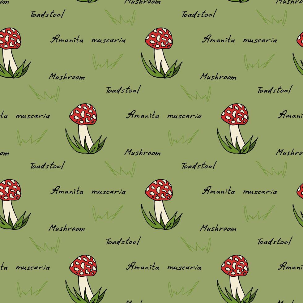 Seamless Pattern With Handdrawn Amanita Muscaria And Text On Green